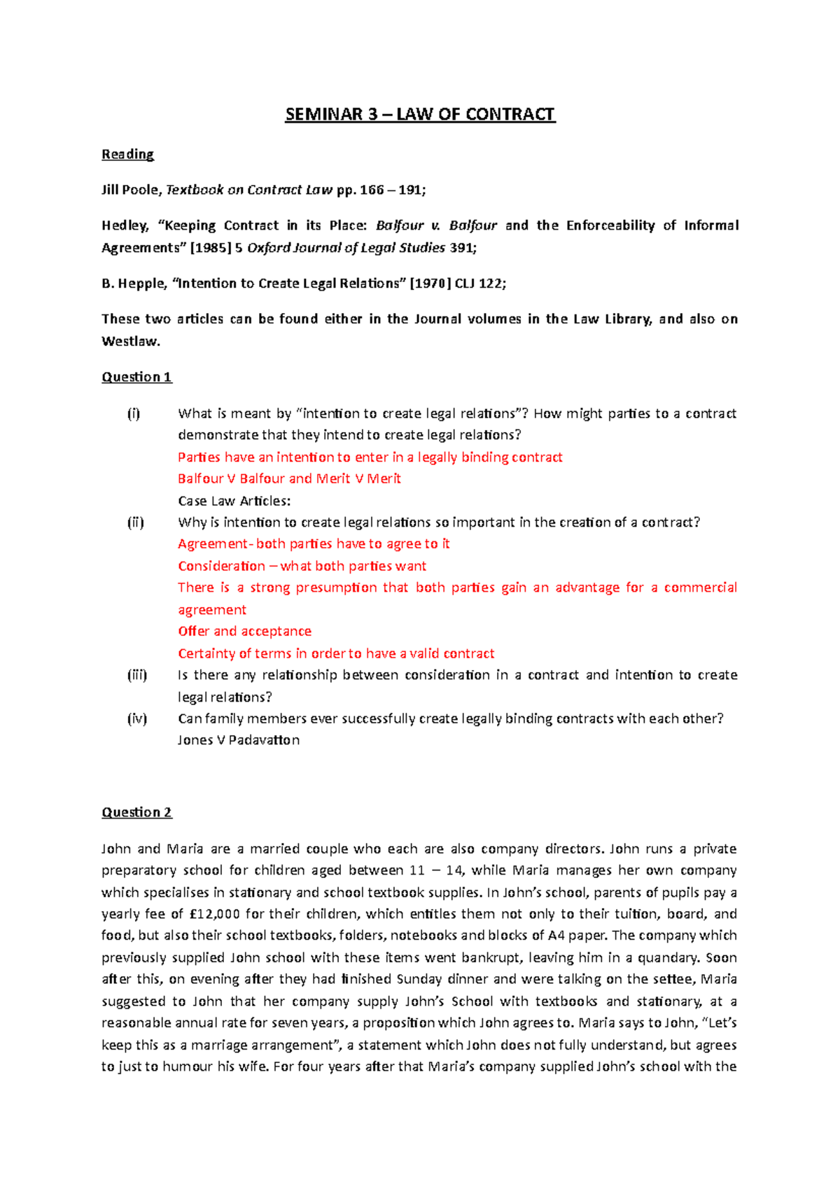 Contract Law Seminar 3 Notes - SEMINAR 3 – LAW OF CONTRACT Reading Jill ...