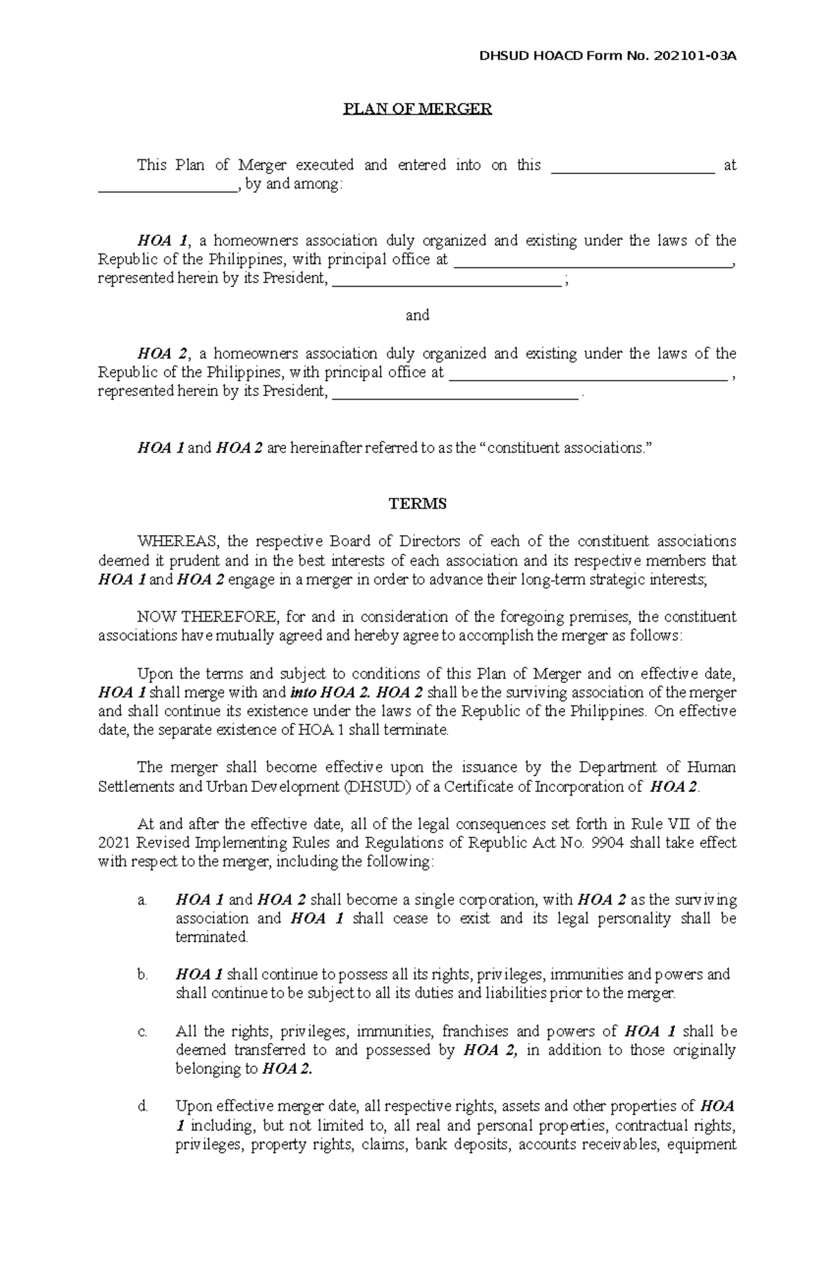 Plan of merger v.26 oct 2021 - DHSUD HOACD Form No. 202101-03A PLAN OF ...