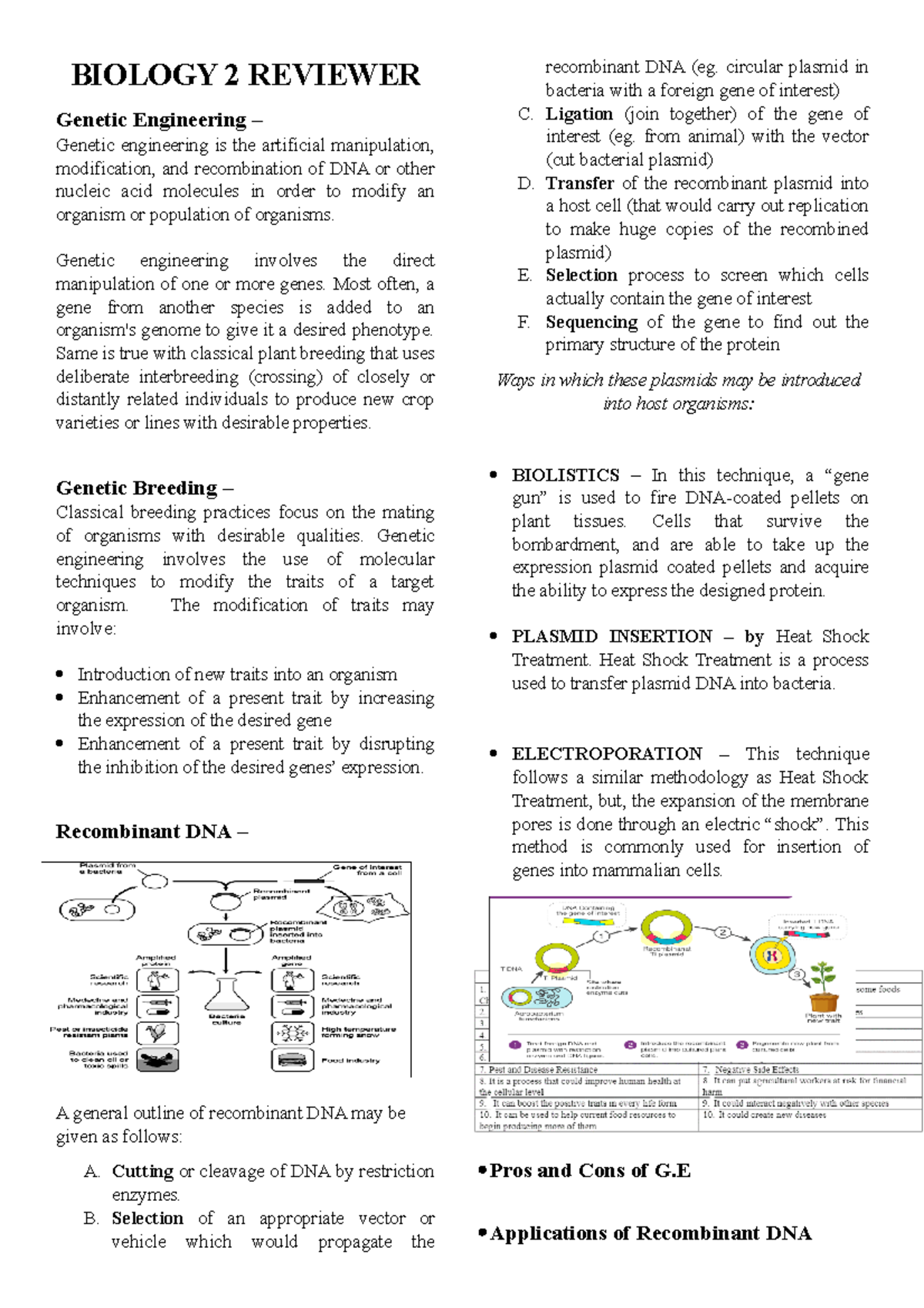 REVIEWER - ONE101 - BIOLOGY 2 REVIEWER Genetic Engineering – Genetic ...