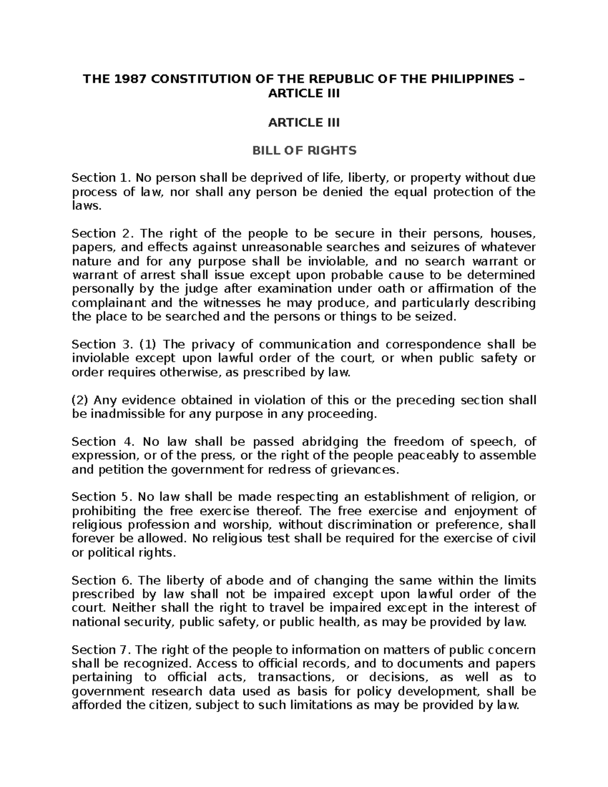 Bill of Rights for evidence - THE 1987 CONSTITUTION OF THE REPUBLIC OF ...