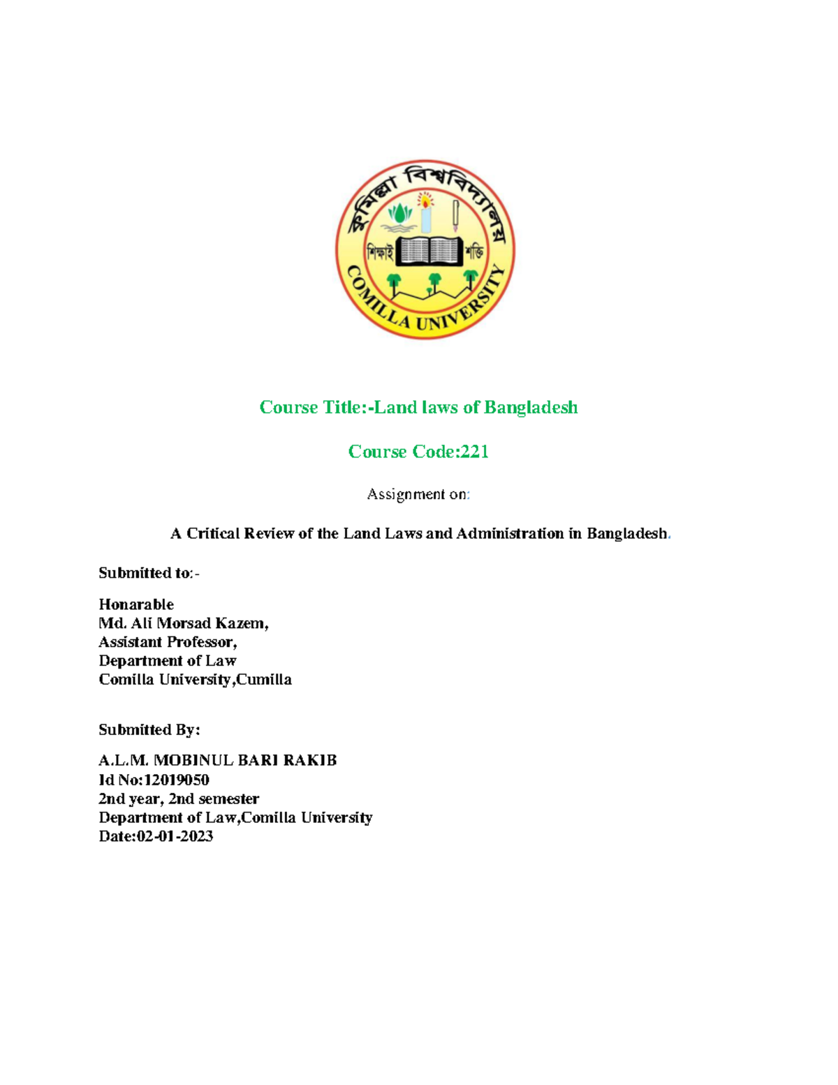 Assignment - Rakib - It’s a great overview - Course Title:-Land laws of Bangladesh Course Code ...