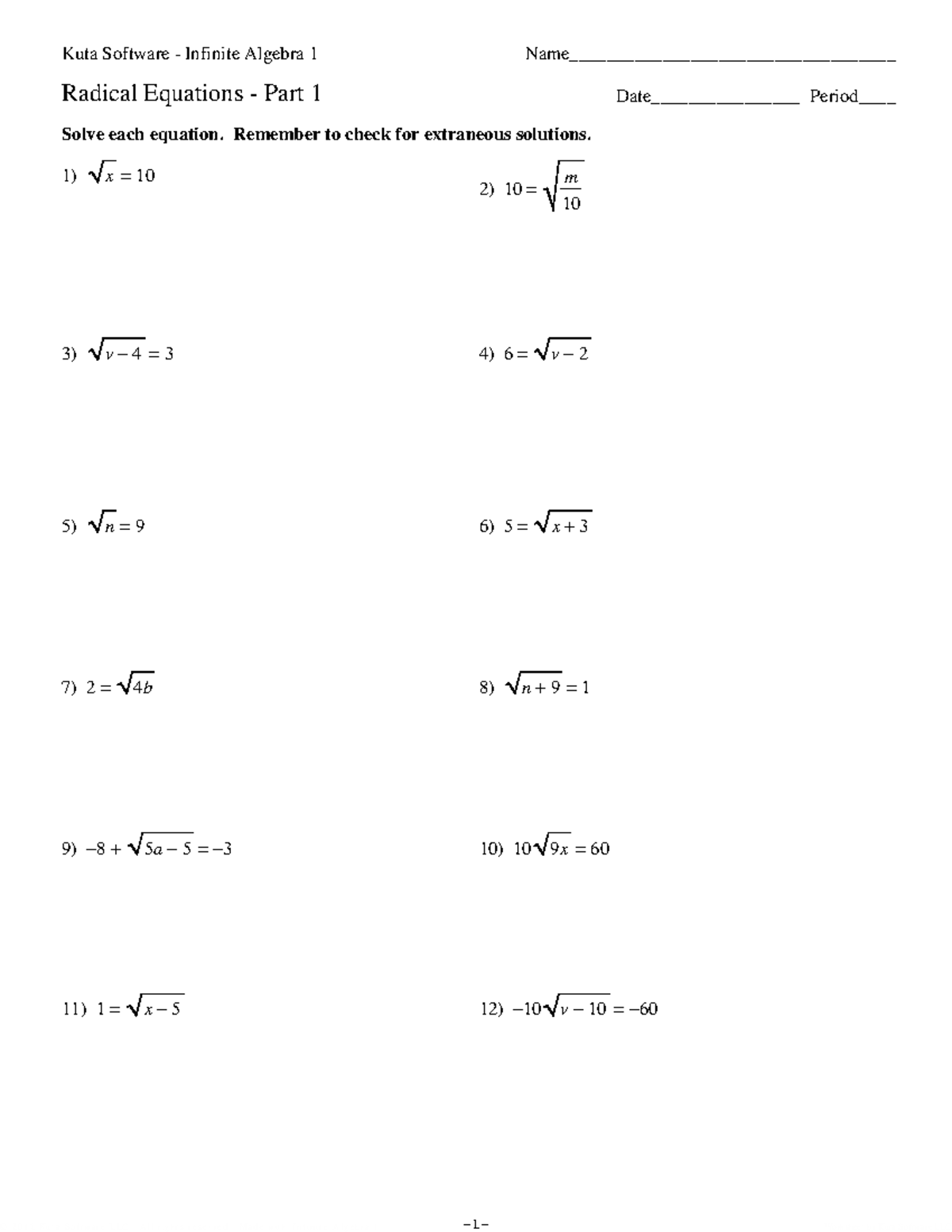 Radical Equations practice - ©M A 2 y 0 T 1 c 2 c 4 Kguktwam bSsovf 9 ...