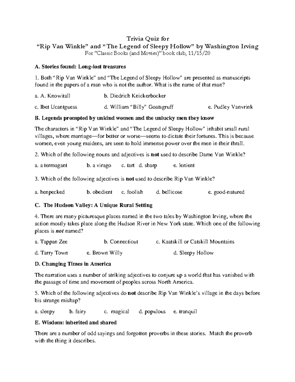 Trivia Quiz for Rip Van Winkle and The L - Trivia Quiz for “Rip Van ...
