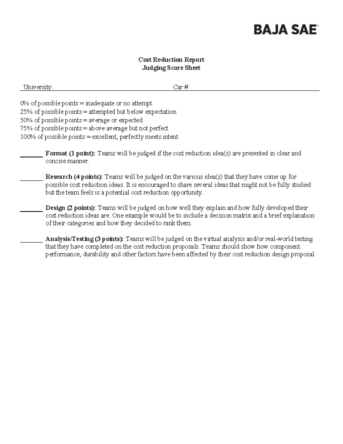 Cost Reduction Report Judging Score Sheet - Cost Reduction Report ...
