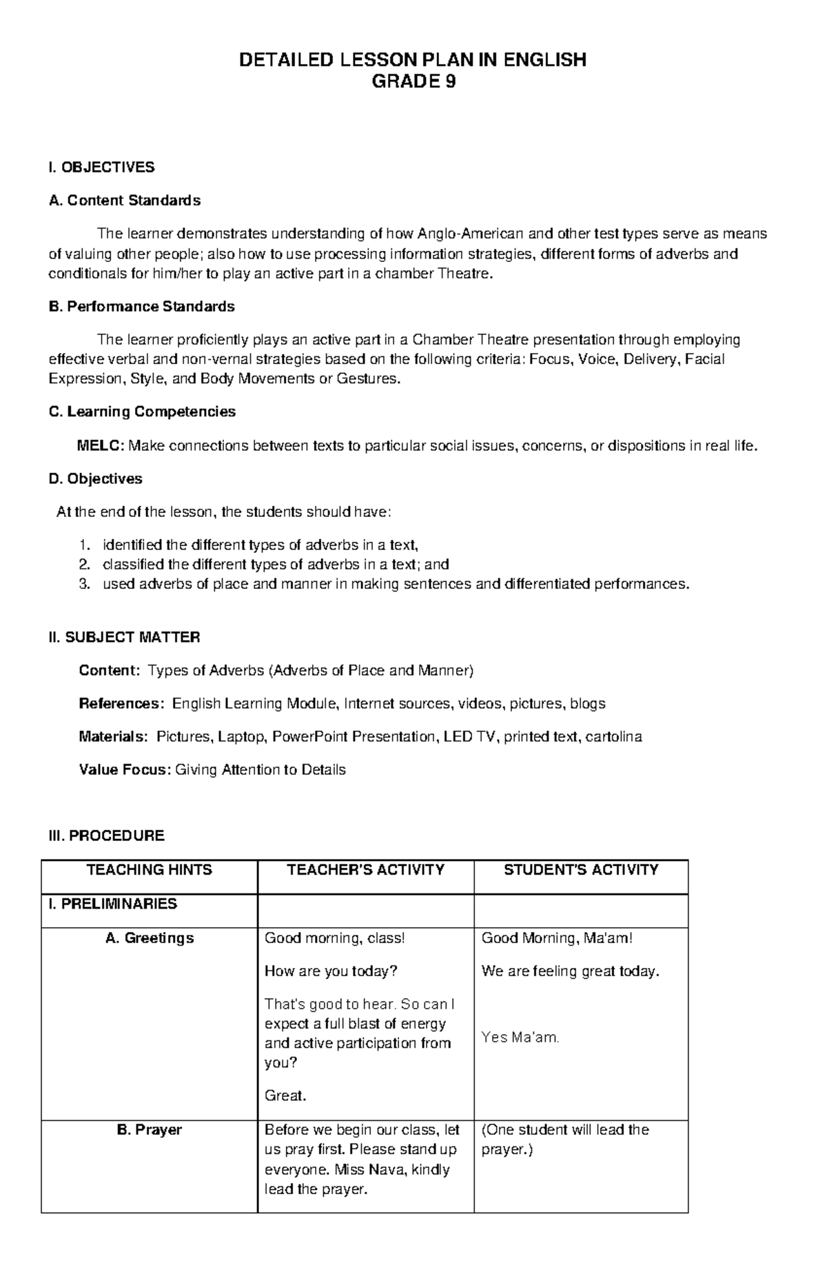 DLP on Adverbs 1 - DETAILED LESSON PLAN IN ENGLISH GRADE 9 I ...