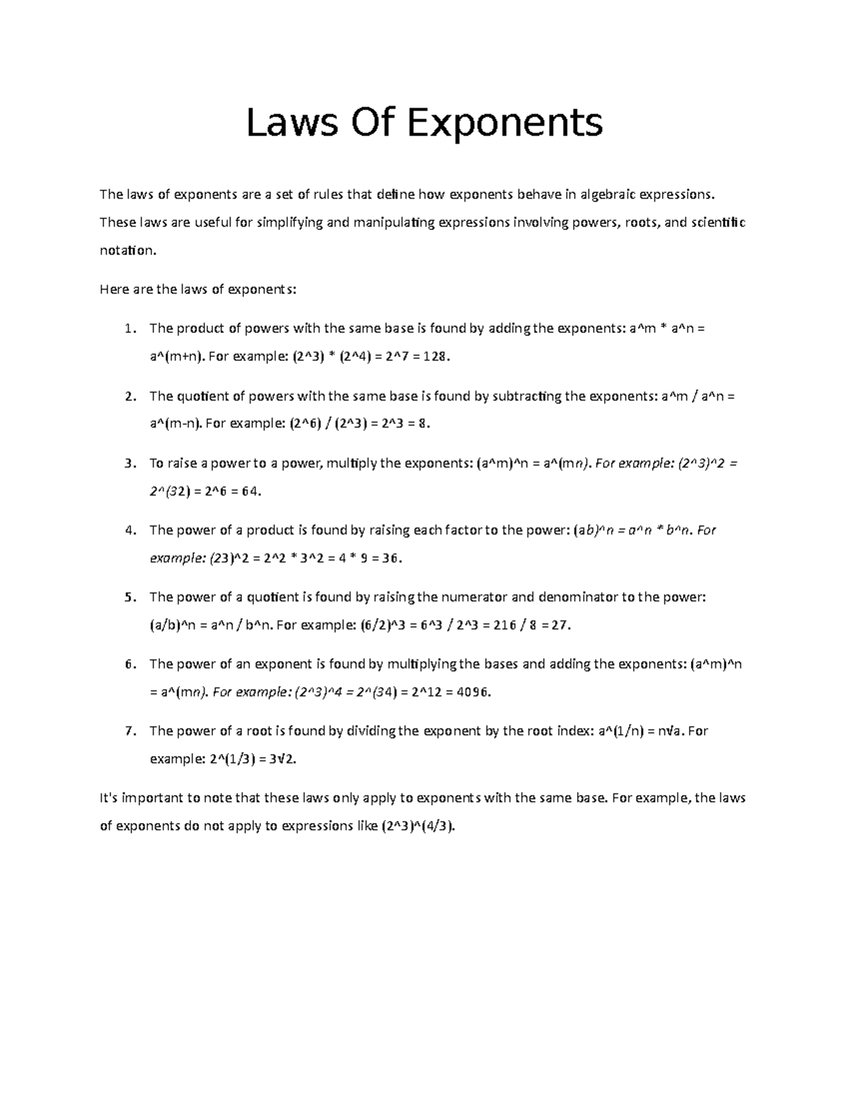 Laws Of Exponents - Laws Of Exponents The laws of exponents are a set ...