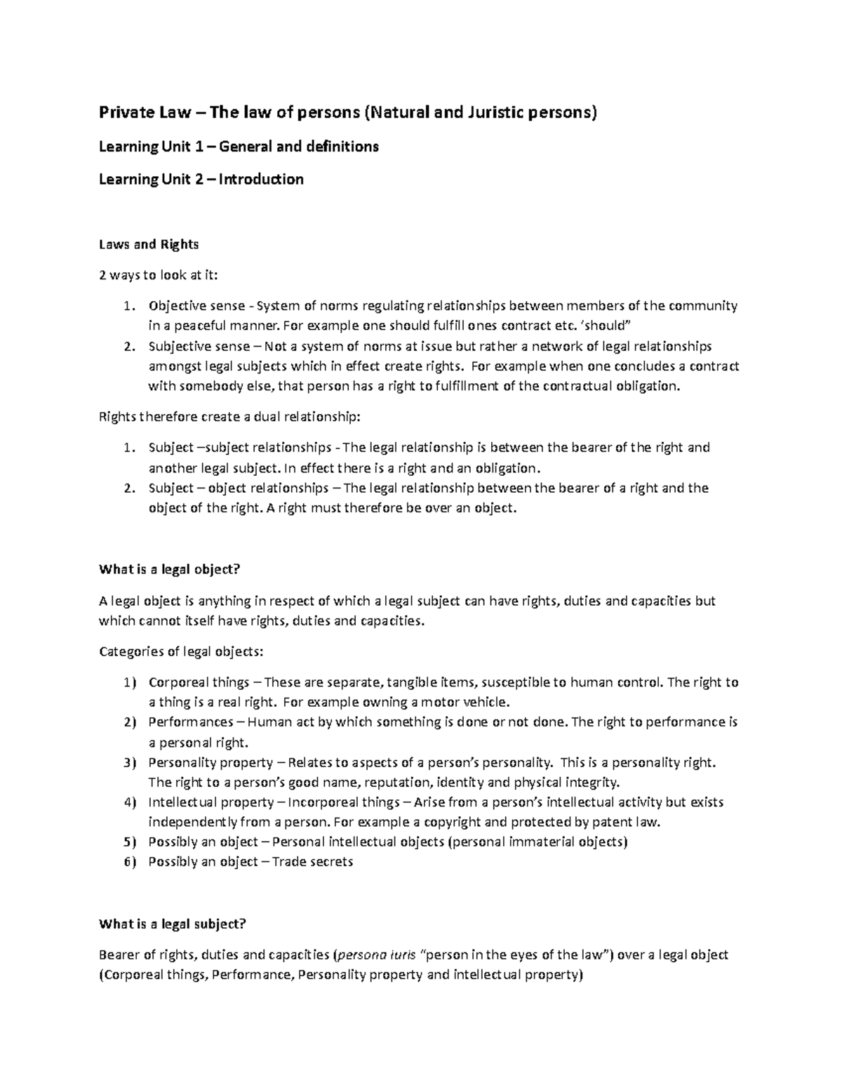 PVL 1501 - Notes LU 1 to 4 - Private Law – The law of persons (Natural ...
