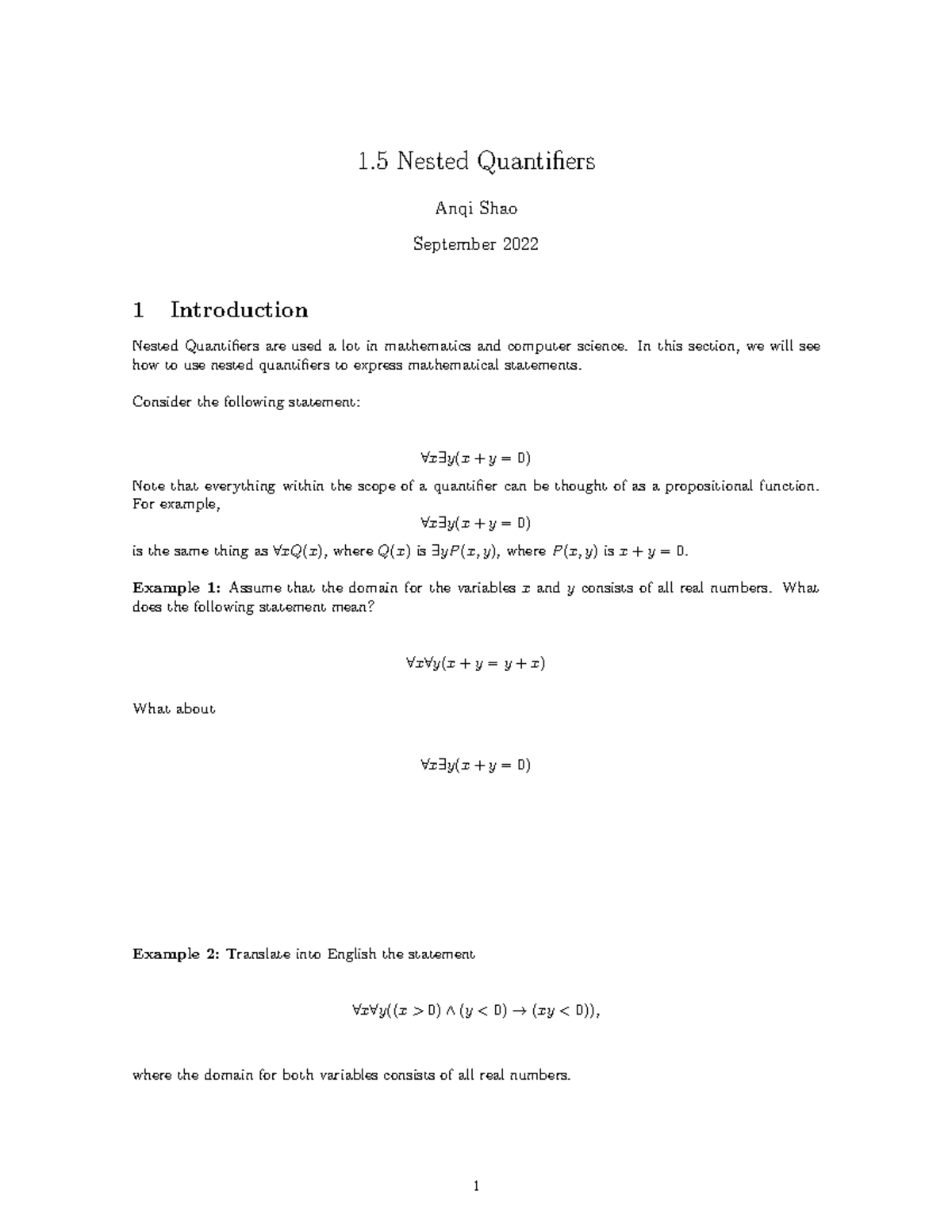 1 5 Nested Quantifiers - 1 Nested Quantifiers Anqi Shao September 2022 1 Introduction Nested ...