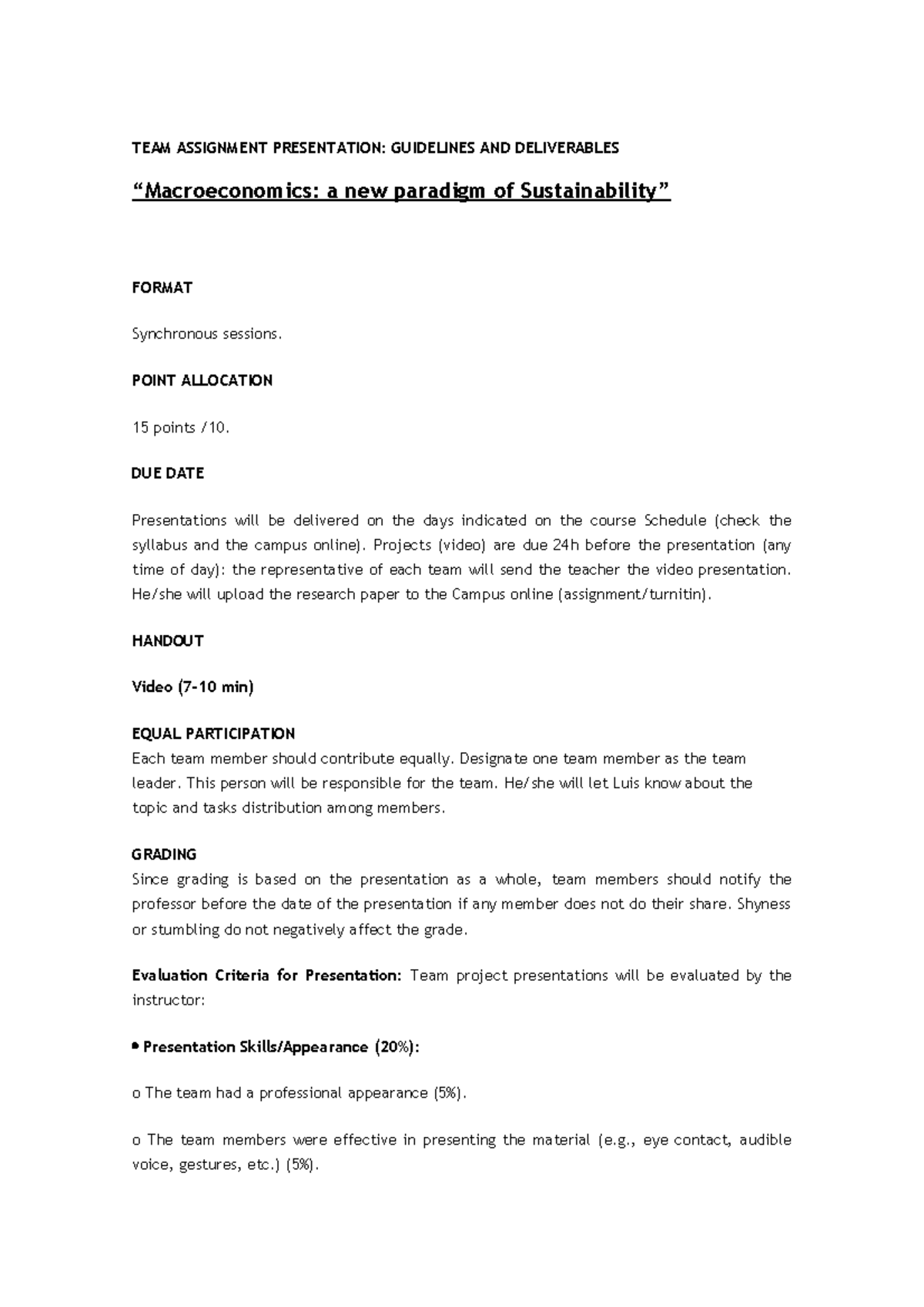 Guidelines for Team Presentations - TEAM ASSIGNMENT PRESENTATION ...