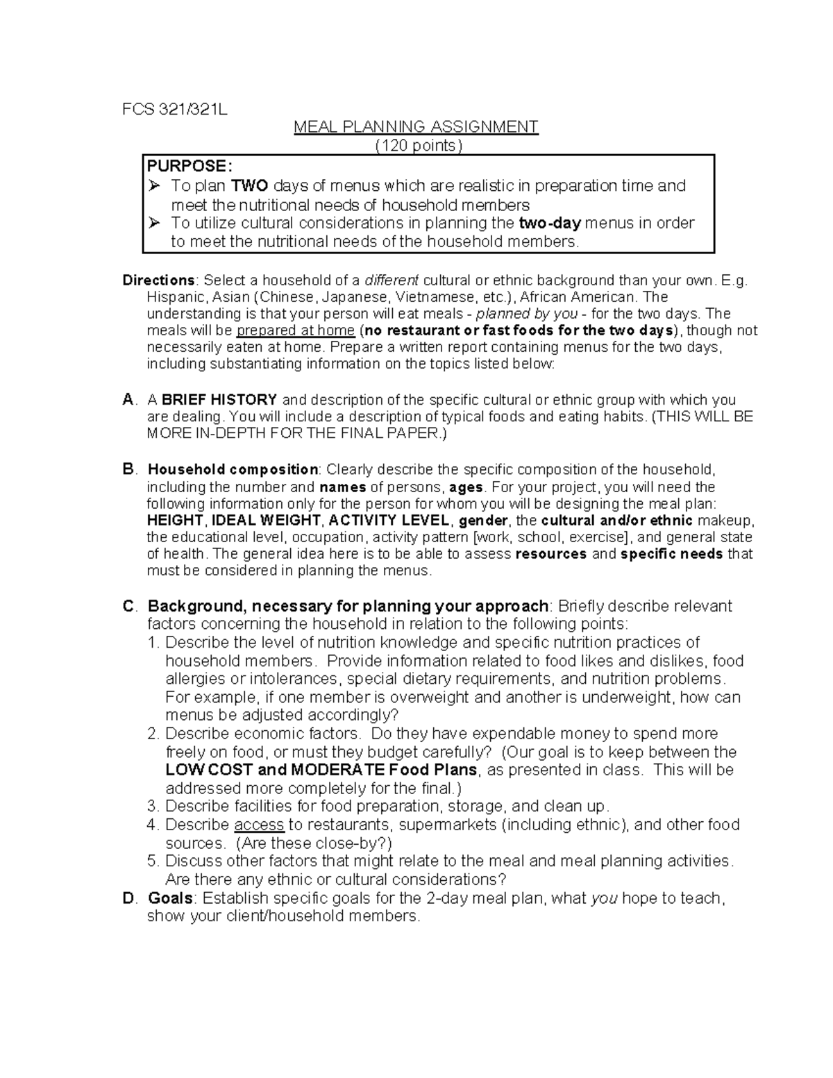 321 Meal Plan Assignment - FCS 321/321L MEAL PLANNING ASSIGNMENT (120 ...