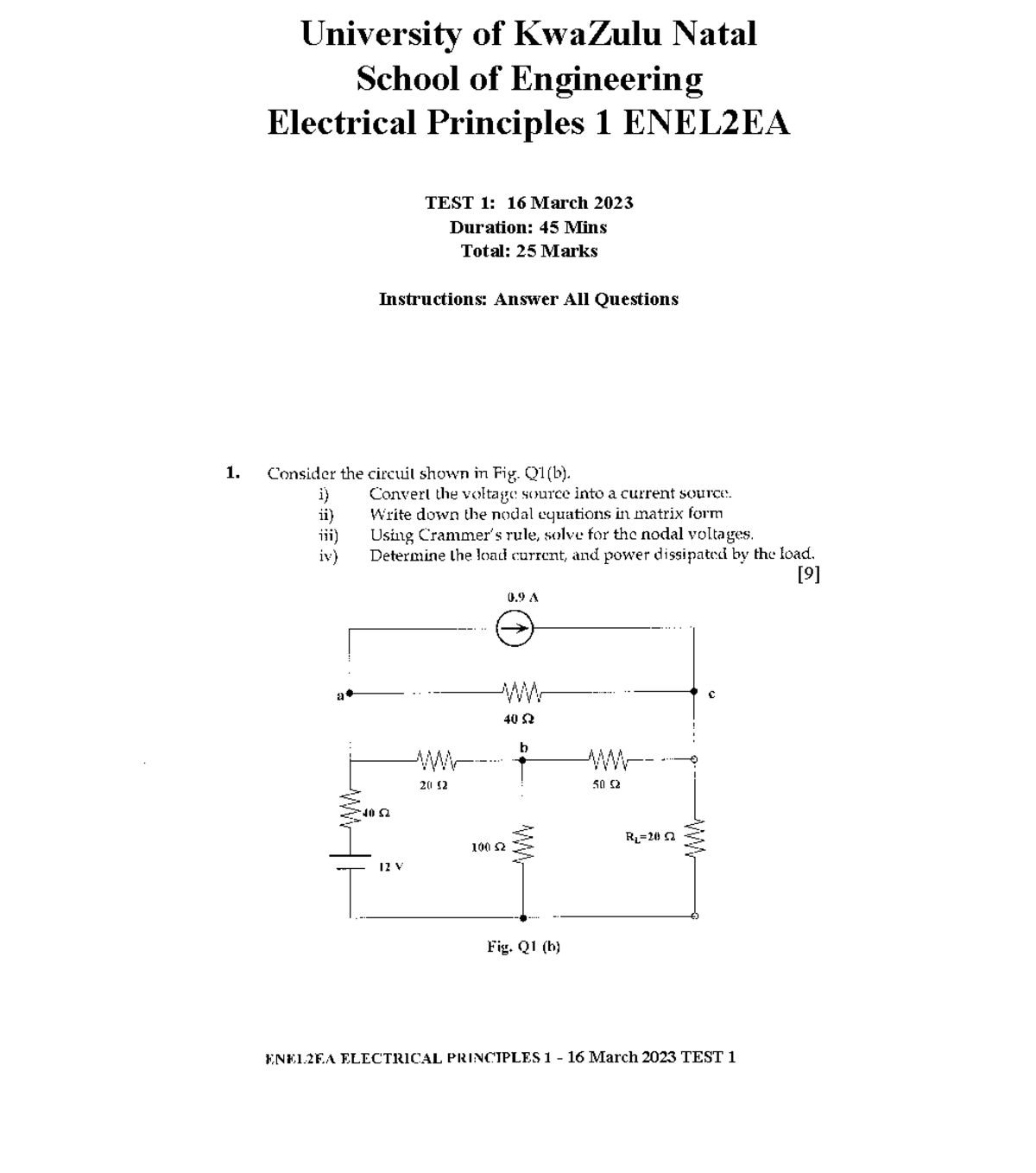 Electrical Principles 1 Test 1 - ENEL2EAH1 - Studocu