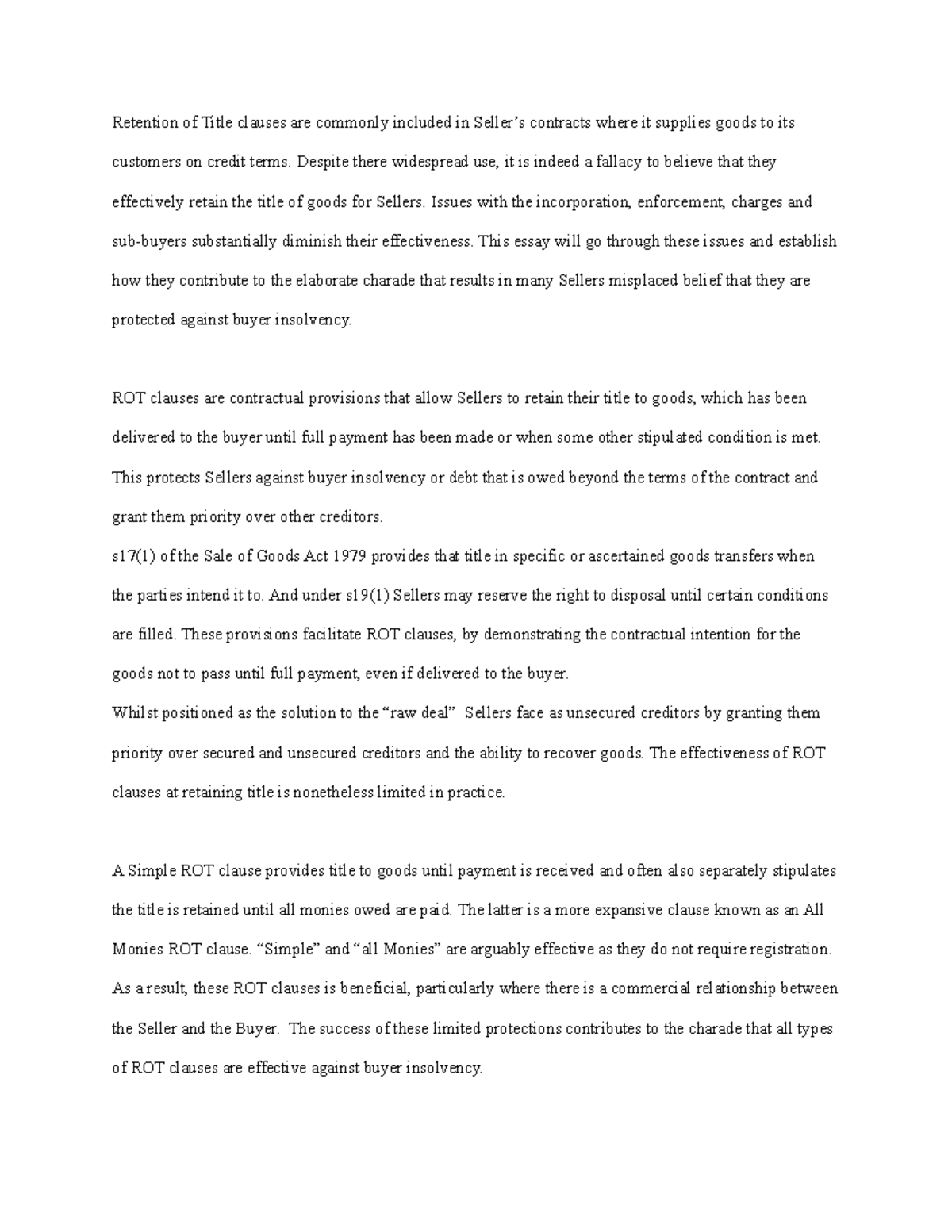 Retention of Title Summative - Retention of Title clauses are commonly ...