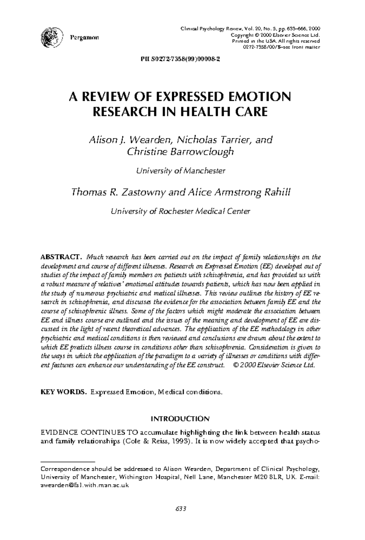 A review of expressed emotion research i - Clinical Psychology Review ...