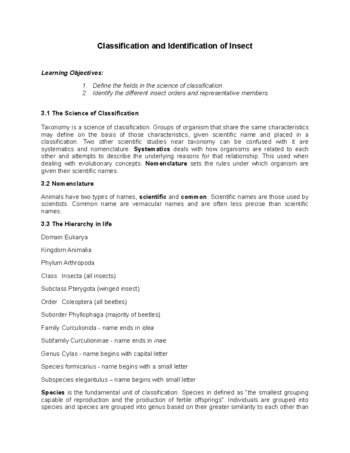 Classification and Identification of Insect - Define the fields in the ...