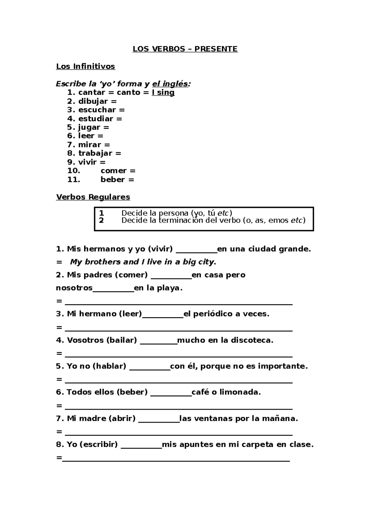 Present tense regular verb practice - Intro - LOS VERBOS – PRESENTE Los ...
