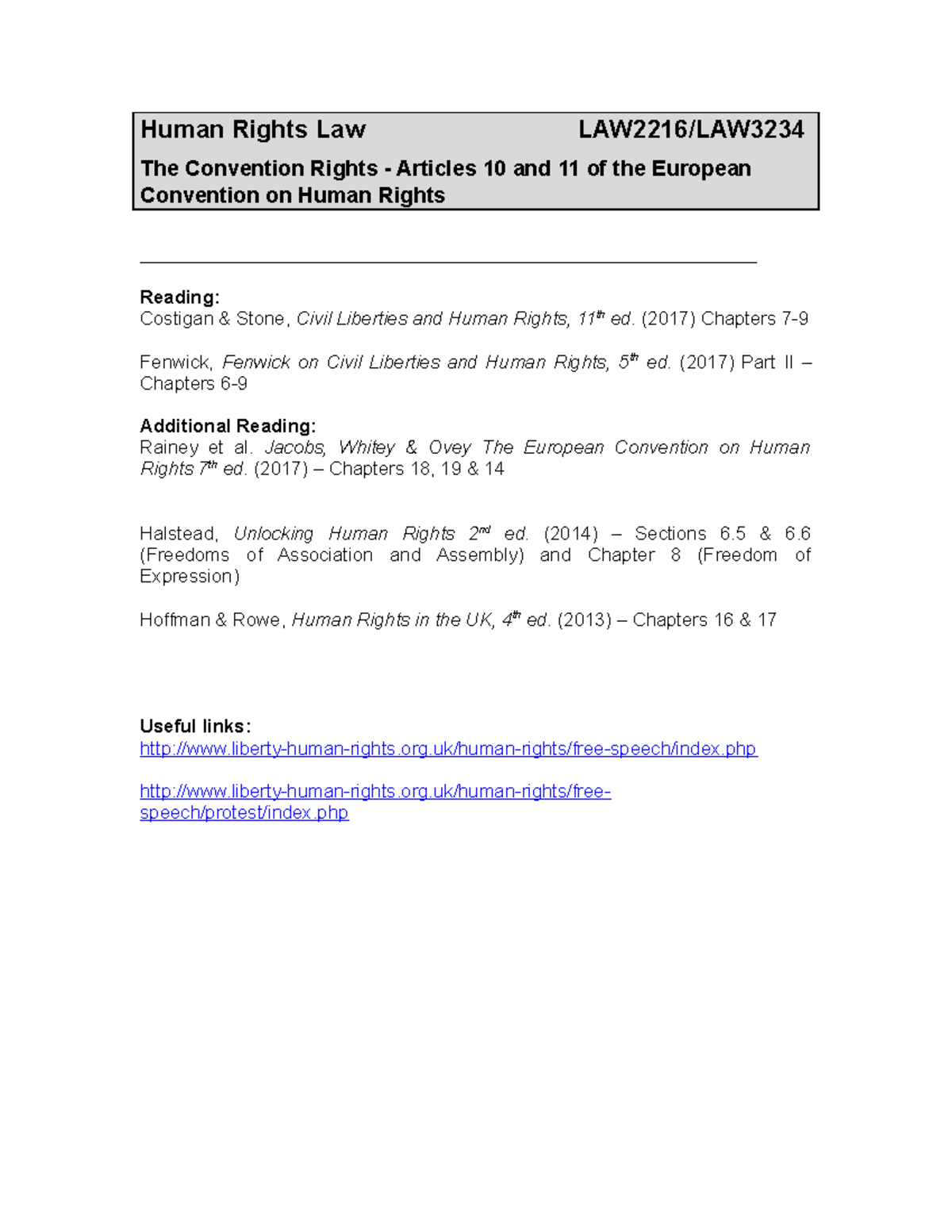 Human Rights- Articles 10 to 11 - Human Rights Law LAW2216/LAW 3234 The ...