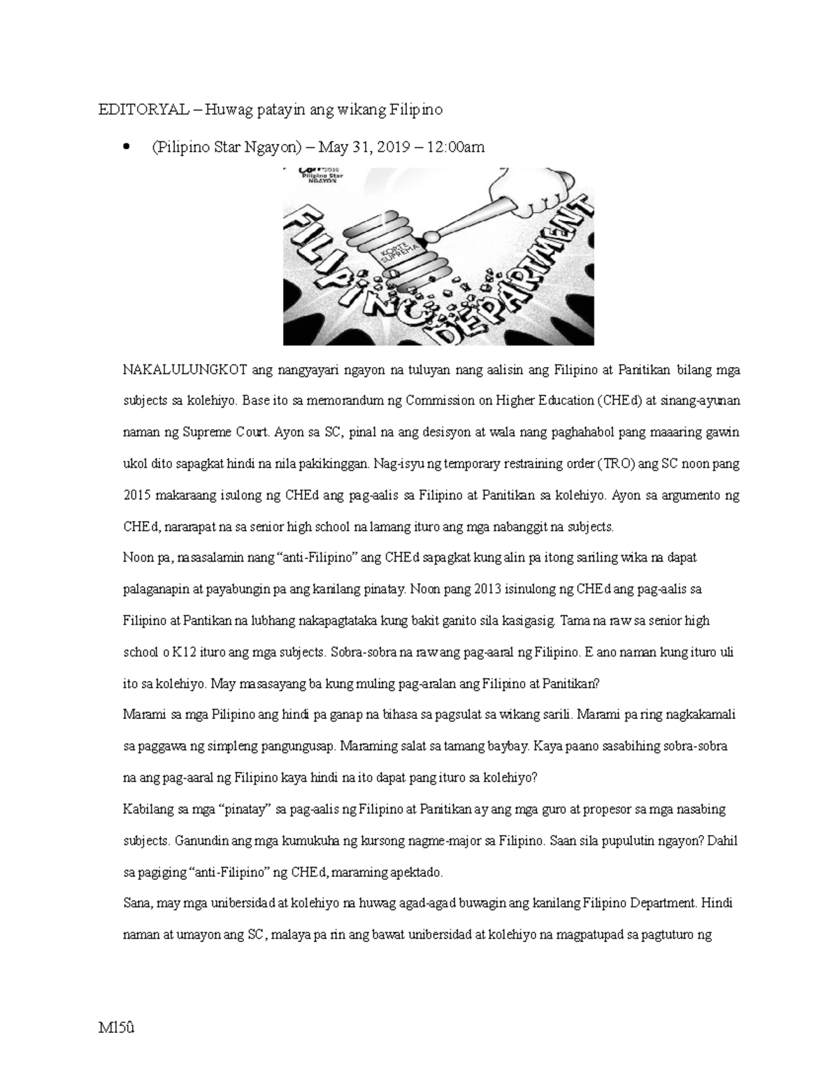 Document - editoryal - EDITORYAL – Huwag patayin ang wikang Filipino ...