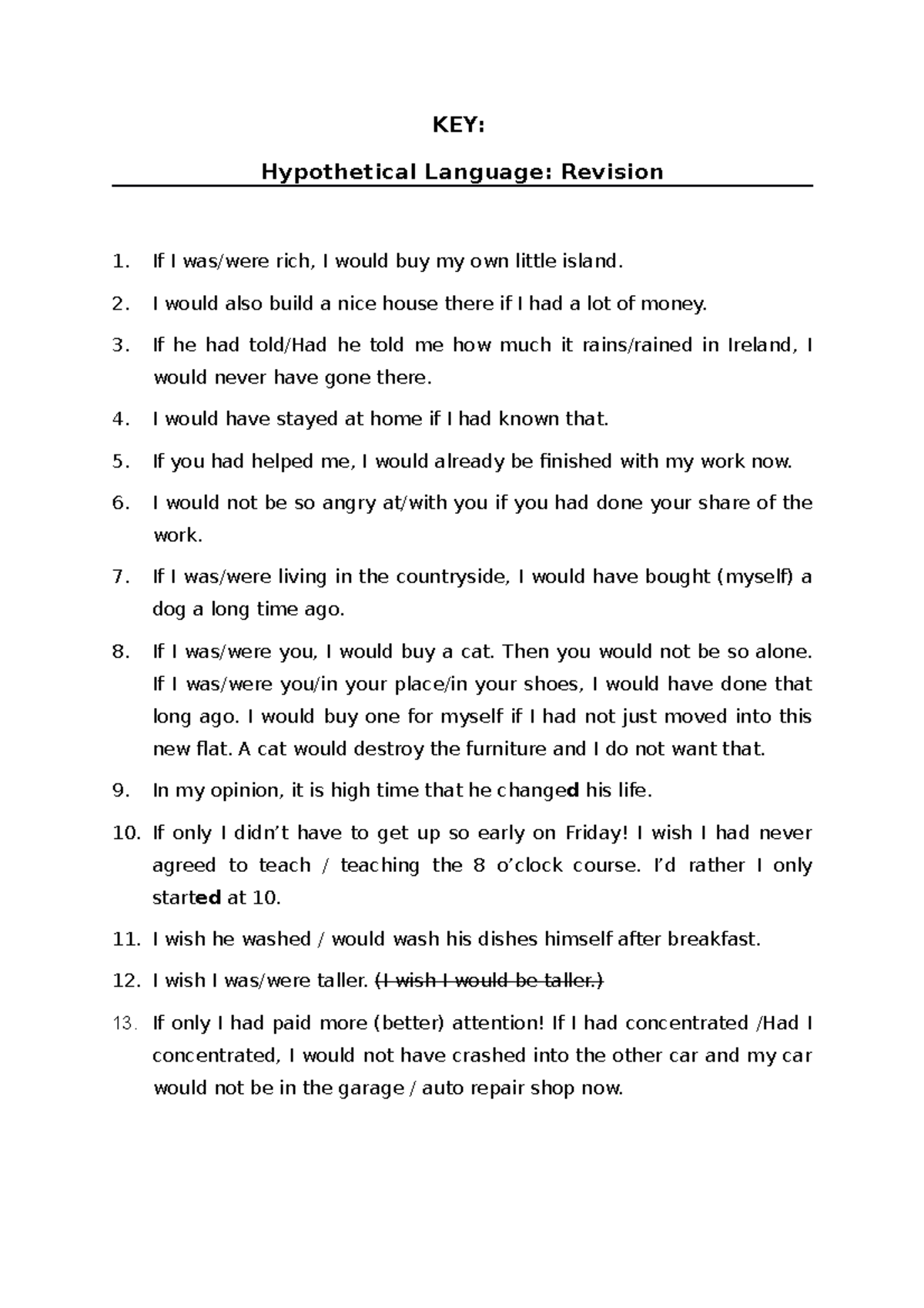 Hypothetical Language Revision Key - KEY: Hypothetical Language ...