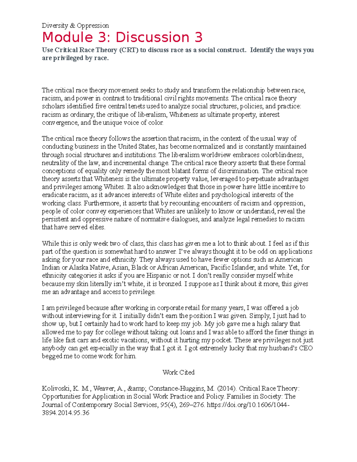 M3 discussion 3 - Diversity & Oppression Module 3: Discussion 3 Use ...