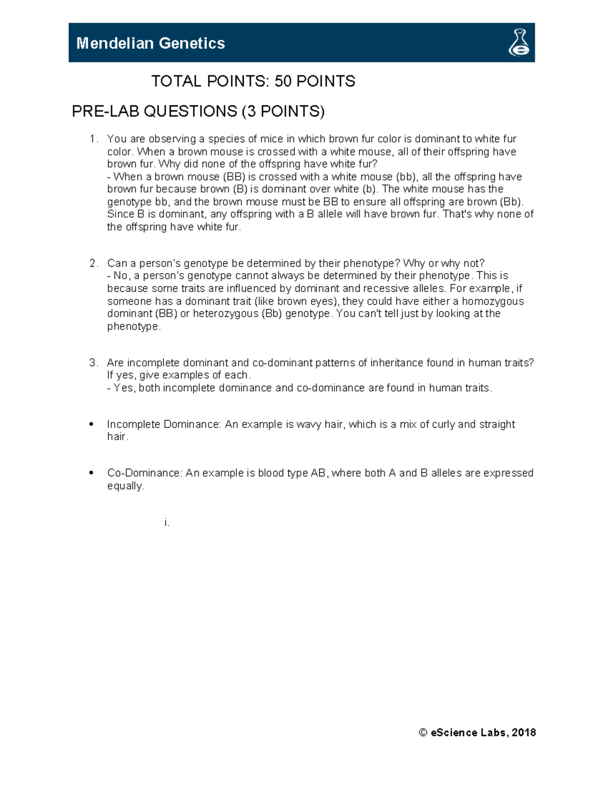 Mendelian Genetics Workbook Assignment - TOTAL POINTS: 50 POINTS PRE ...