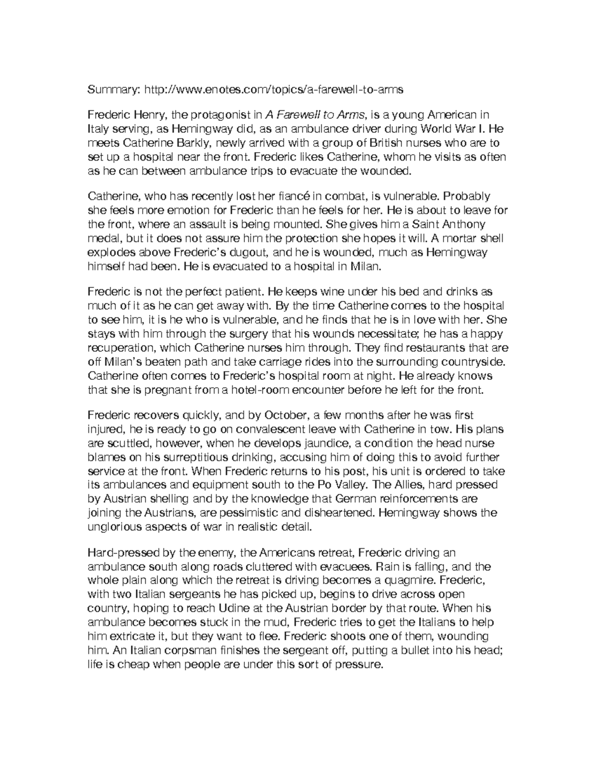 Farewellsummary - Book summary of farewell to arms by Ernest Hemingway ...