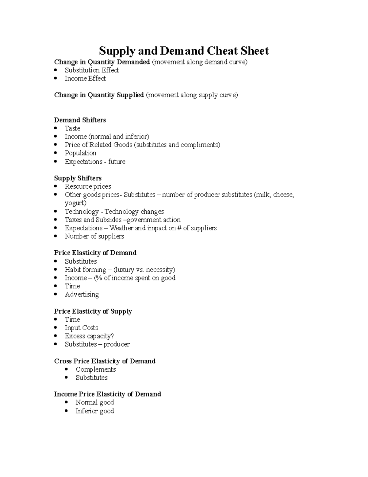 Supply and demand cheat sheet - Supply and Demand Cheat Sheet Change in ...