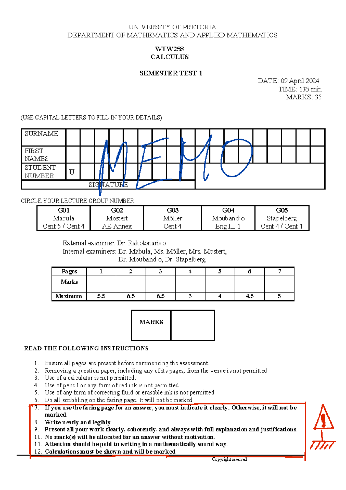 WTW 258 Memo for ST1 2024 - UNIVERSITY OF PRETORIA DEPARTMENT OF MATHEMATICS AND APPLIED ...