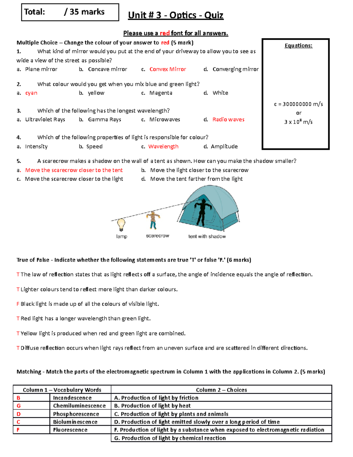 Optics Quiz - VLA - practice quiz - Unit # 3 - Optics - Quiz Please use ...