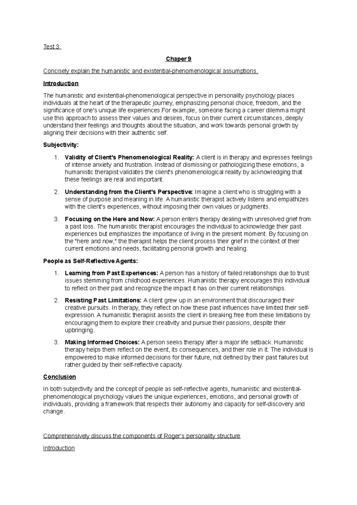 Notes test 3 - Test 3 Chaper 9 Concisely explain the humanistic and ...