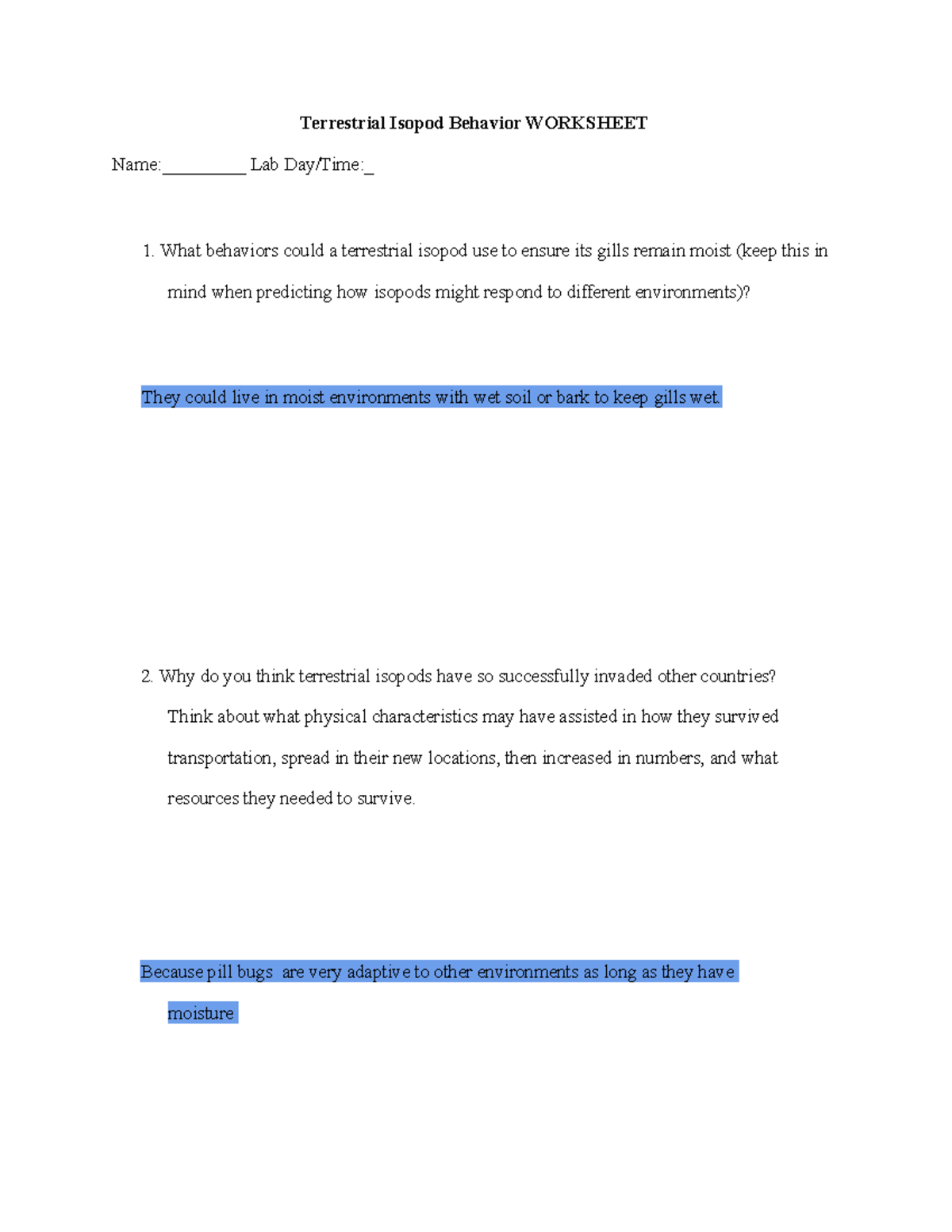 Terrestrial Isopod Behavior Worksheet - Terrestrial Isopod Behavior ...