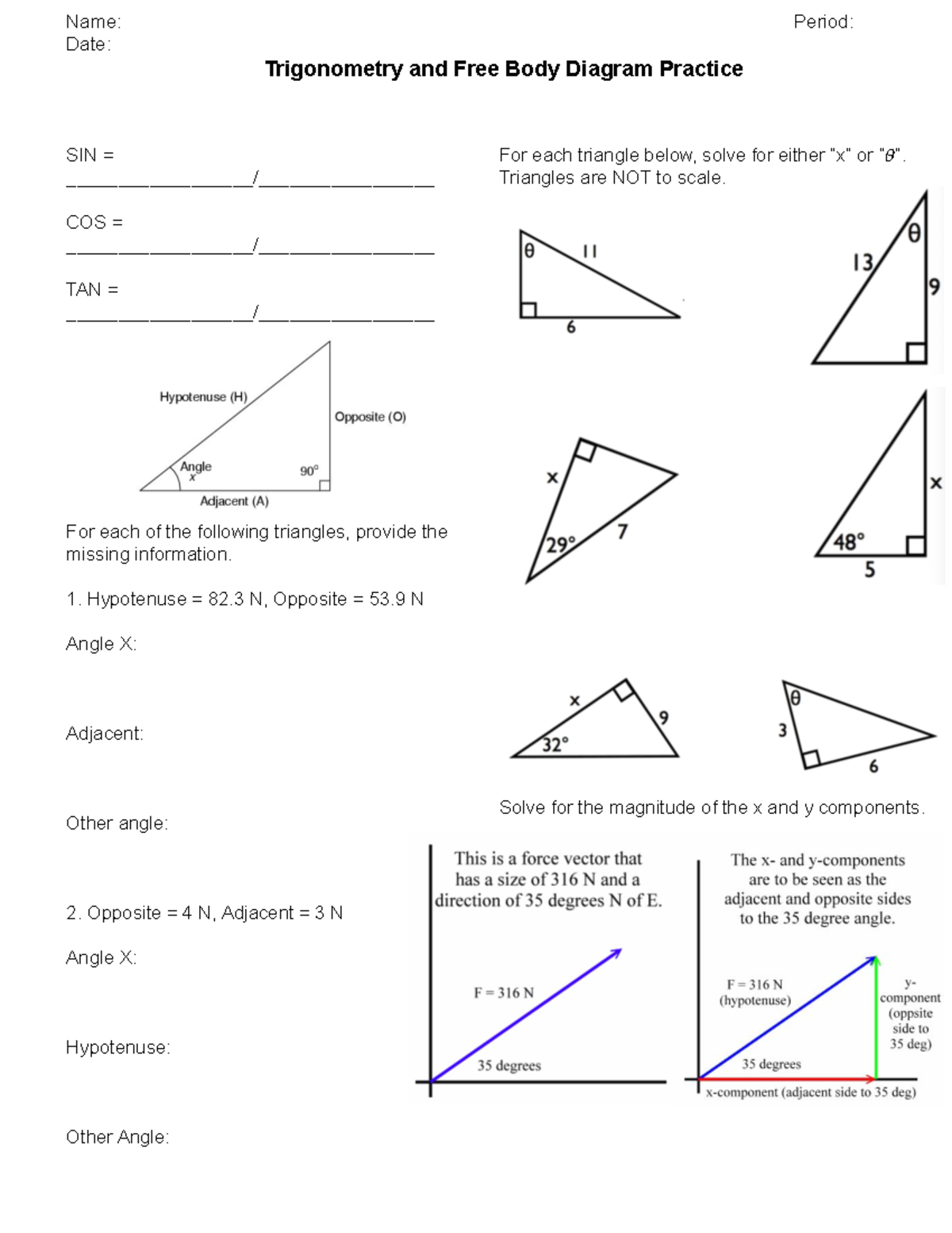 Trig and Free Body Diagram Homework - Name: Period: Date: Trigonometry ...