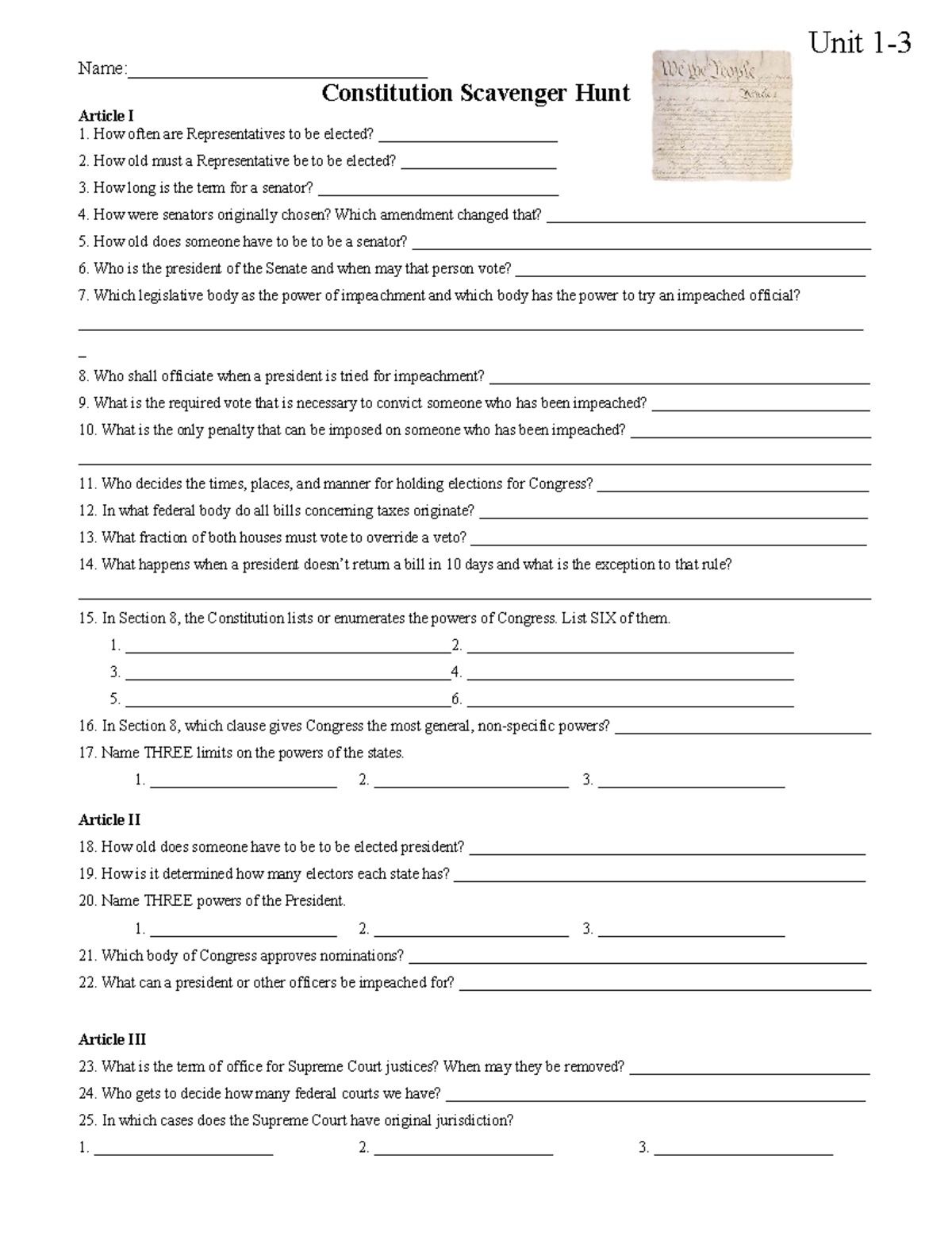 Constitution Scavenger Hunt 50 questions no key - Name ...