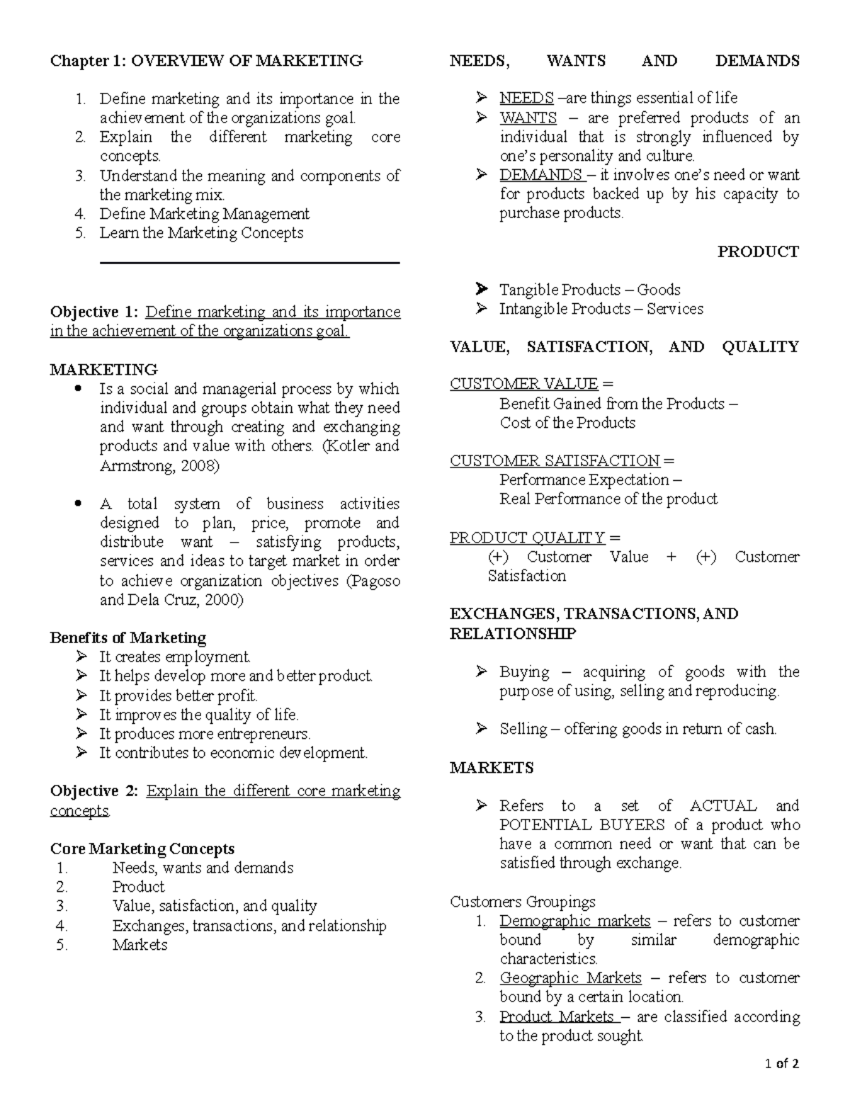 Chapter 1-Marketing - Lecture notes 1 - Chapter 1: OVERVIEW OF ...