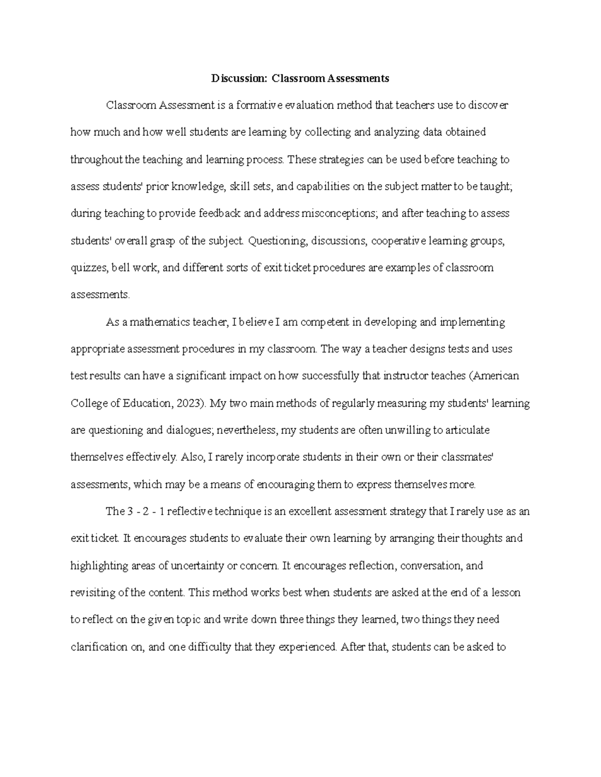 Discussion 1 - Classroom Assessments - Discussion: Classroom ...