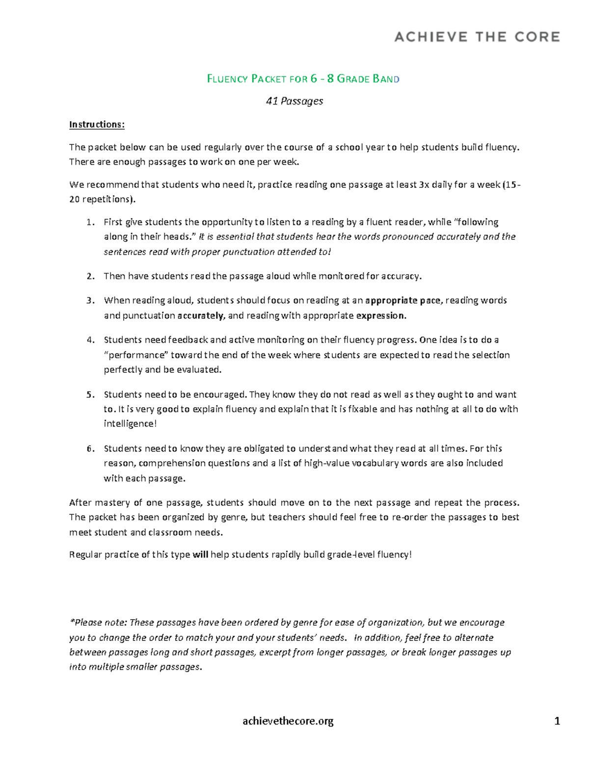 Reading Fluency Passages 6-8 - F LUENCY P ACKET FOR 6 -­‐ 8 G RADE B ...