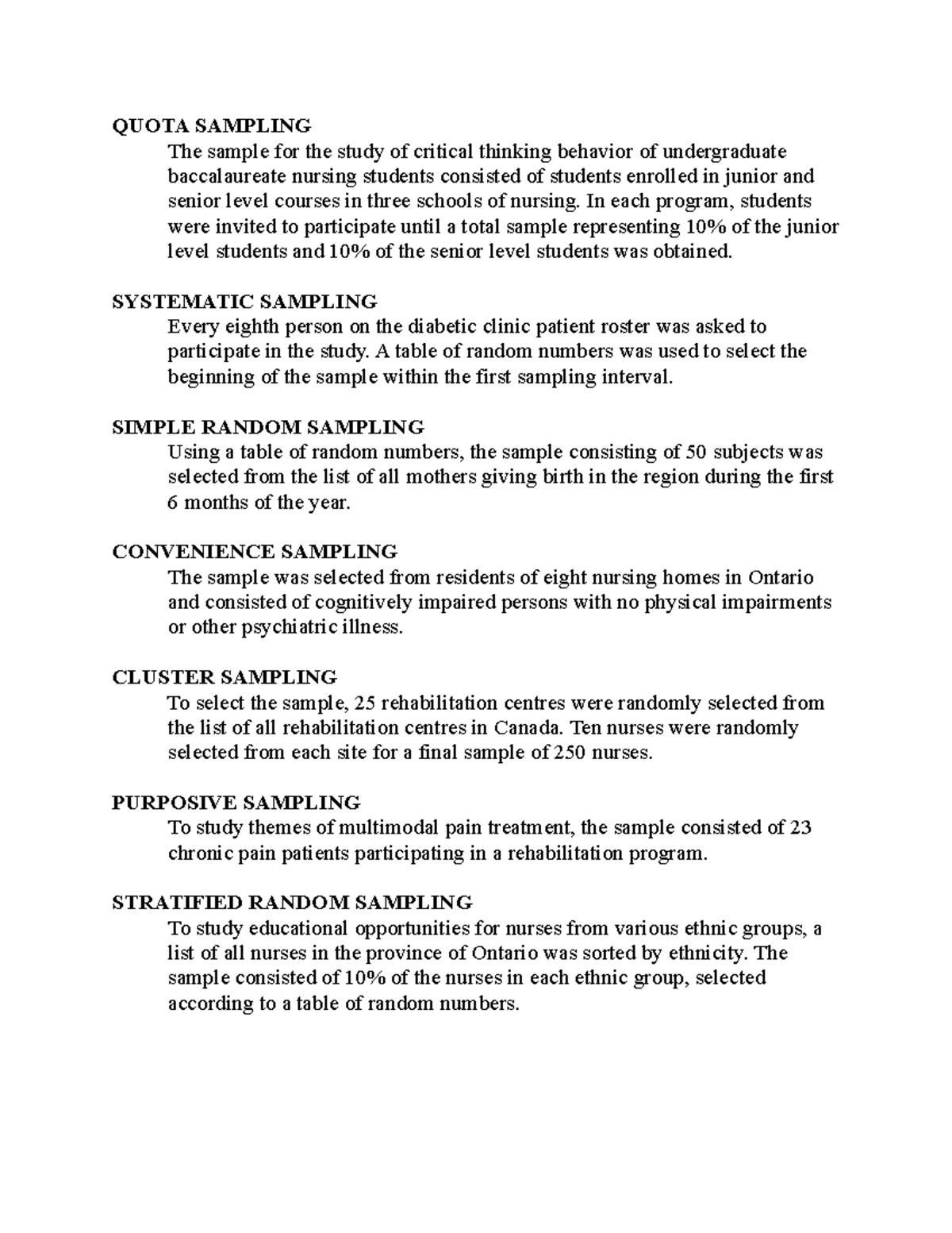 Review notes for research - QUOTA SAMPLING The sample for the study of ...