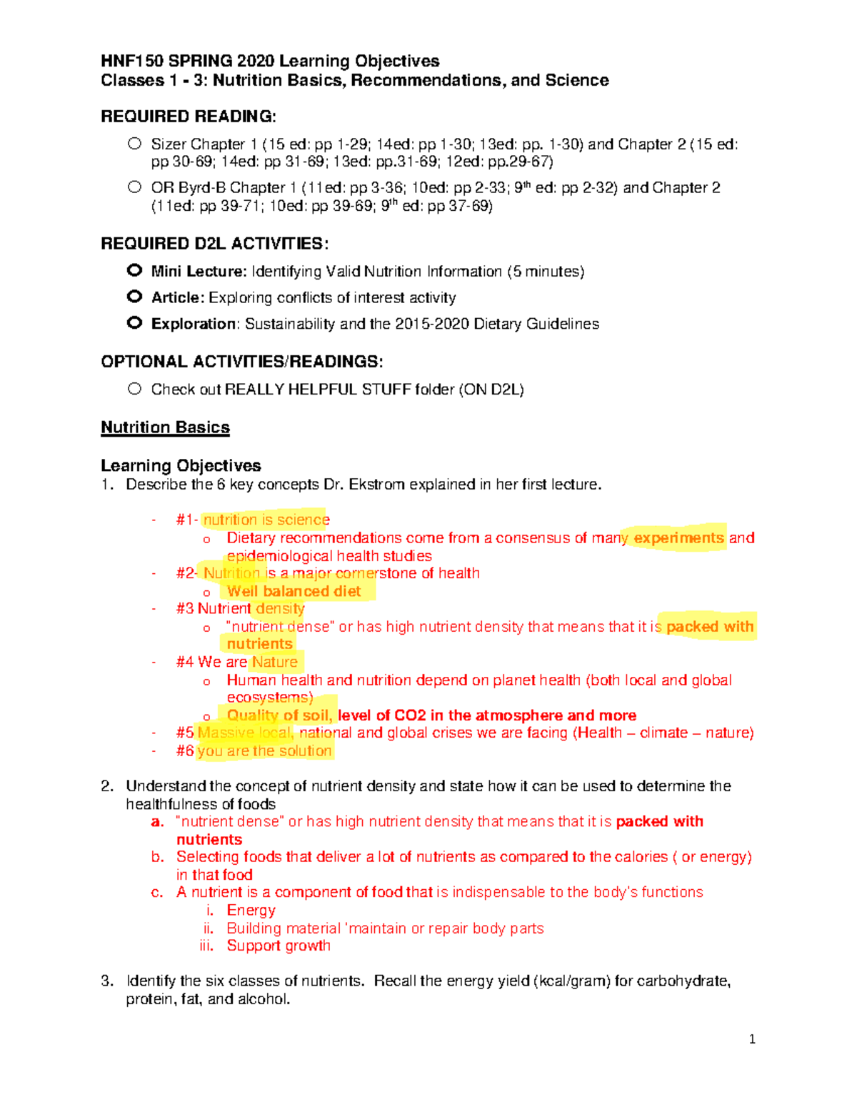 Chapter 1-3 learning objectives - Classes 1 - 3: Nutrition Basics ...