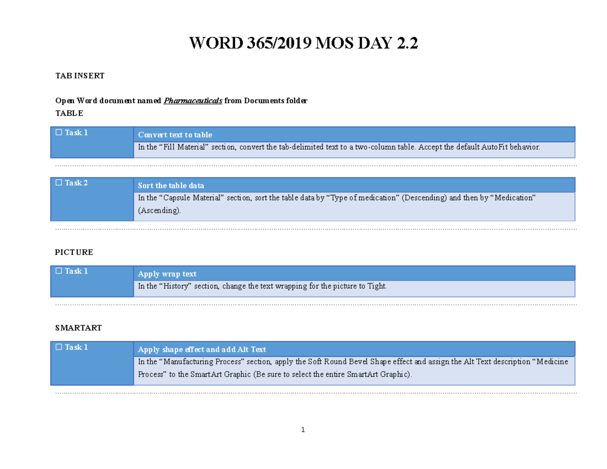 DAY 2 - MOS 2019 - WORD 365/2019 MOS DAY 2. TAB INSERT Open Word ...