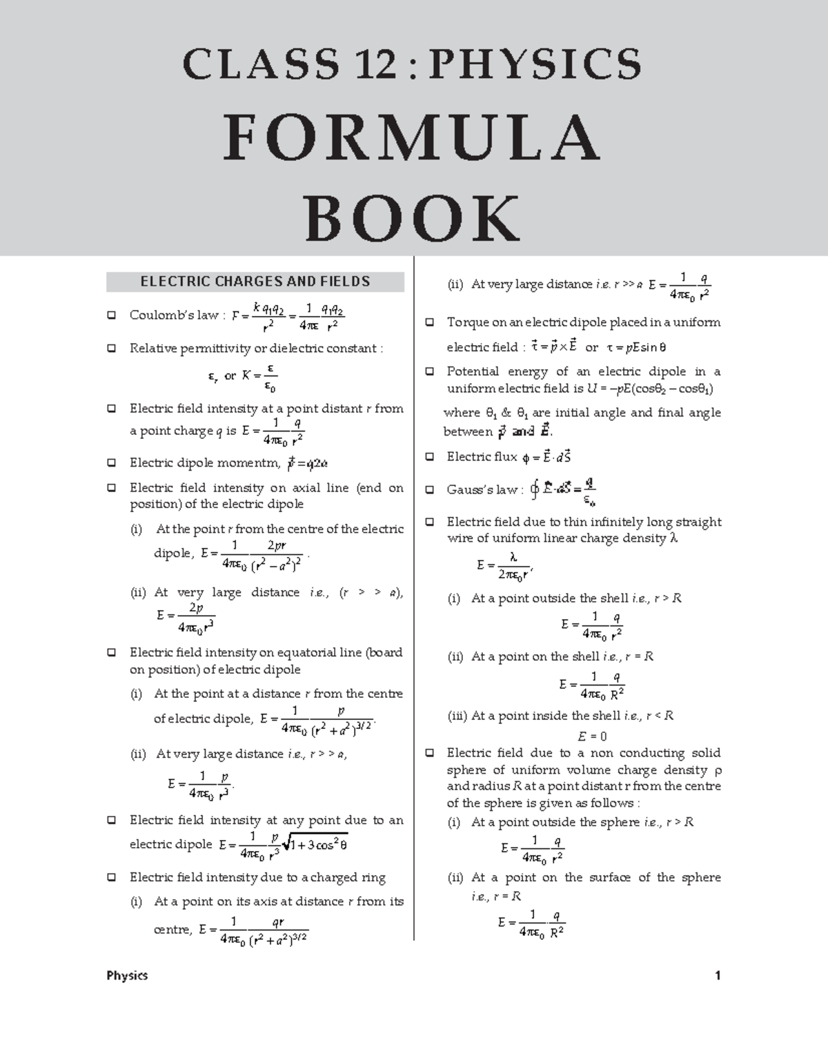 Formula book physics - (ii) At very large distance i. r >> a E q ...