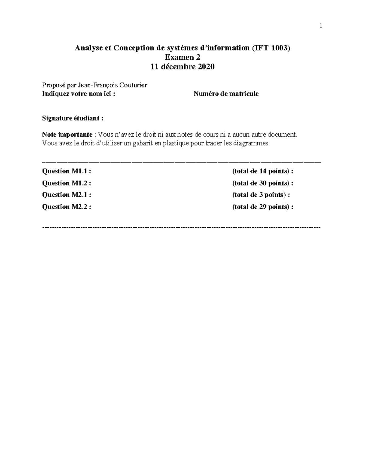 Examen 2 A20 - Partie Modelisation - Analyse et Conception de systèmes d’information (IFT 1003 ...