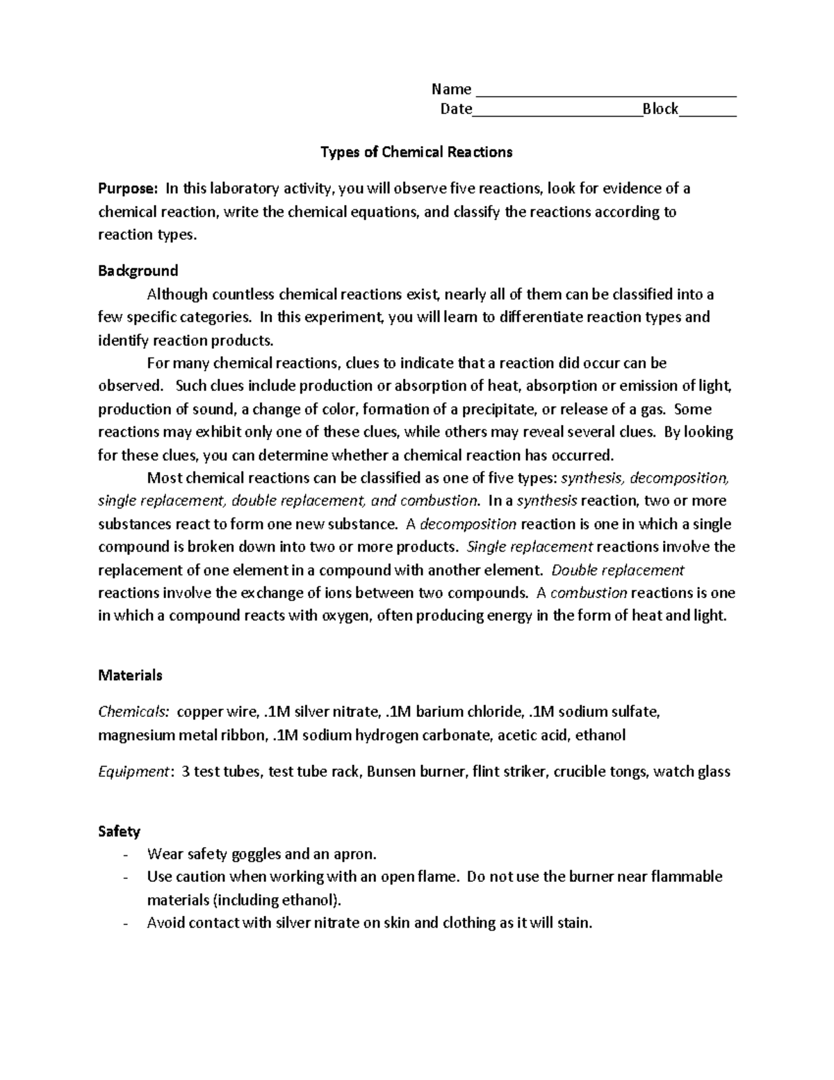 Types Of Chemical Reactions Lab Warning TT Undefined Function 32