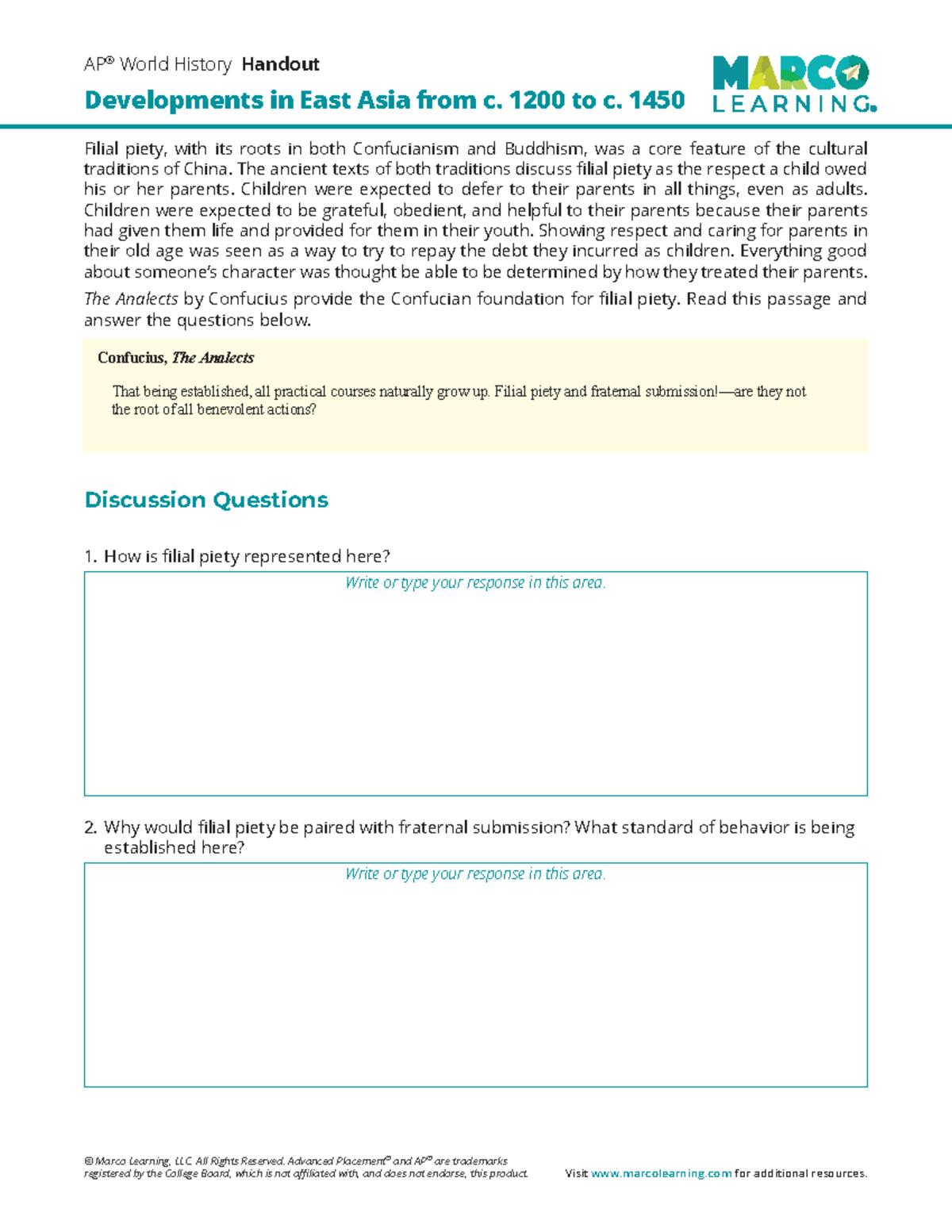 Developments in East Asia 1200-1450 Handout - © Marco Learning, LLC ...