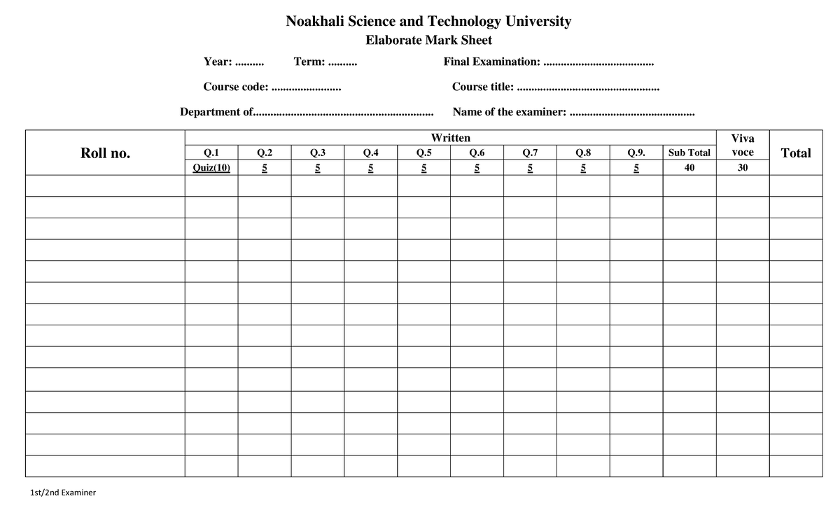 Elaborated marksheet for examination - 1st/2nd Examiner Noakhali ...