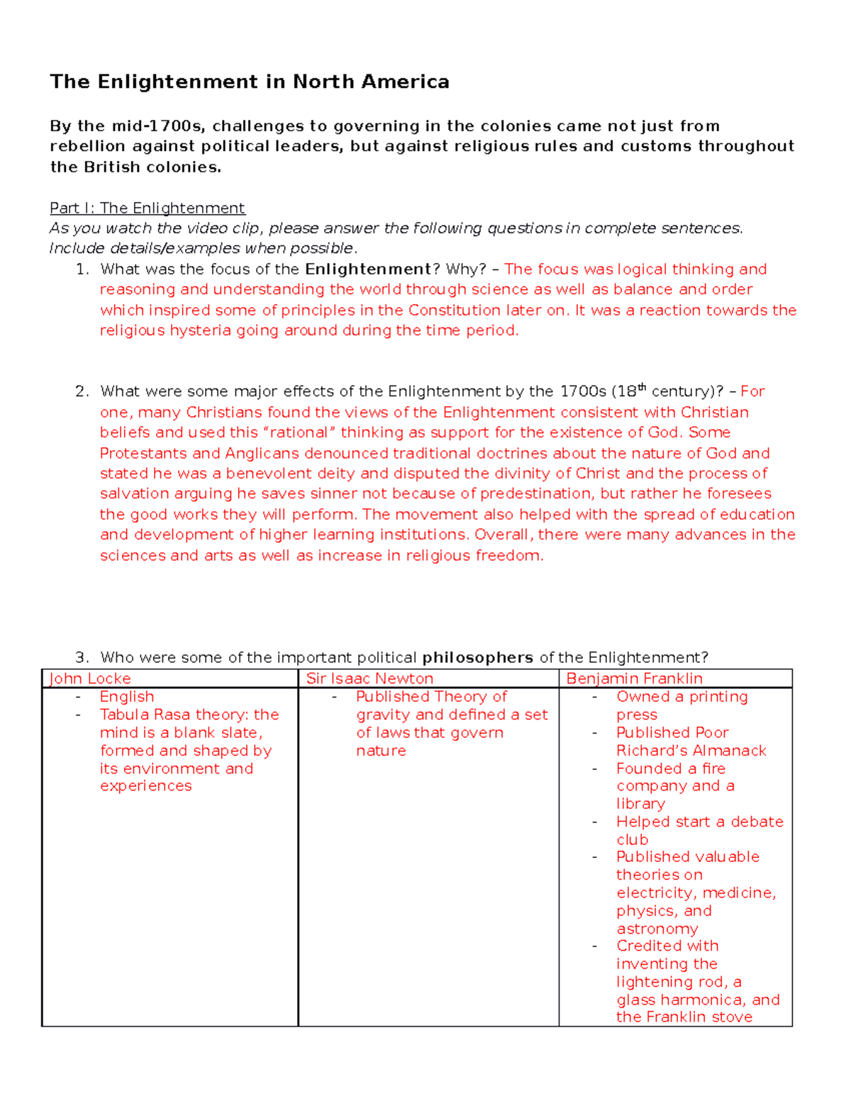 Enlightenment Wksht v2 - The Enlightenment in North America By the mid ...