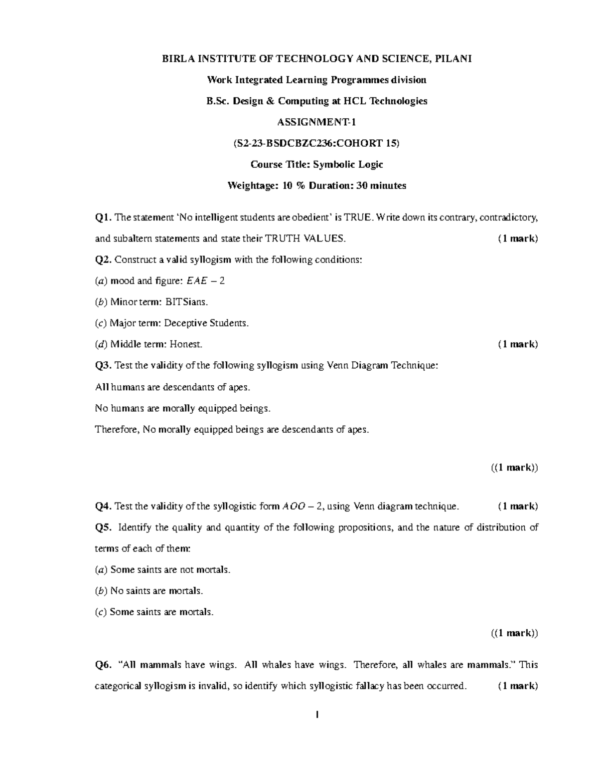 C15 SL A1 - BIRLA INSTITUTE OF TECHNOLOGY AND SCIENCE, PILANI Work Integrated Learning ...