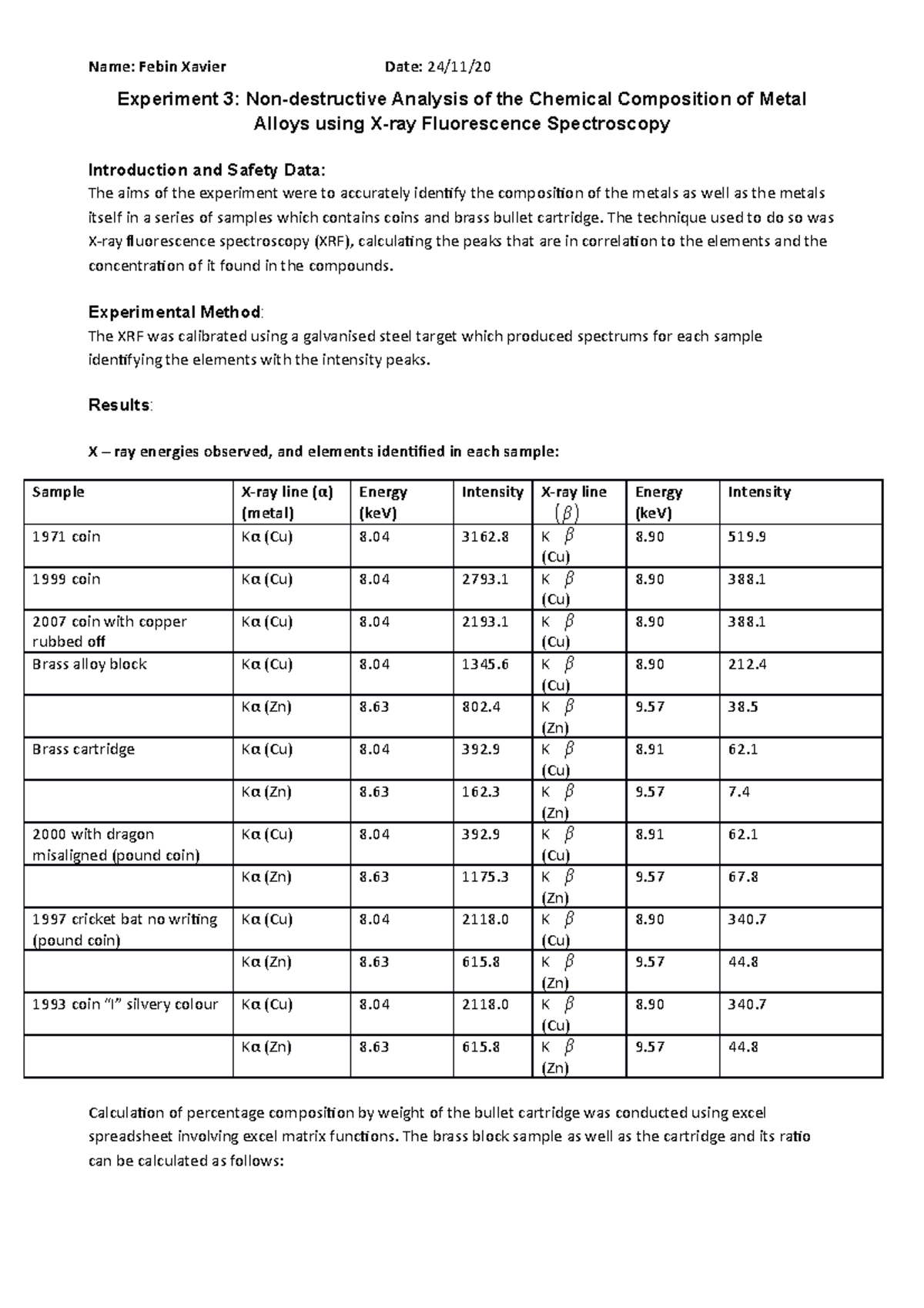 ps512 XRF lab report - Experiment 3: Non-destructive Analysis of the ...