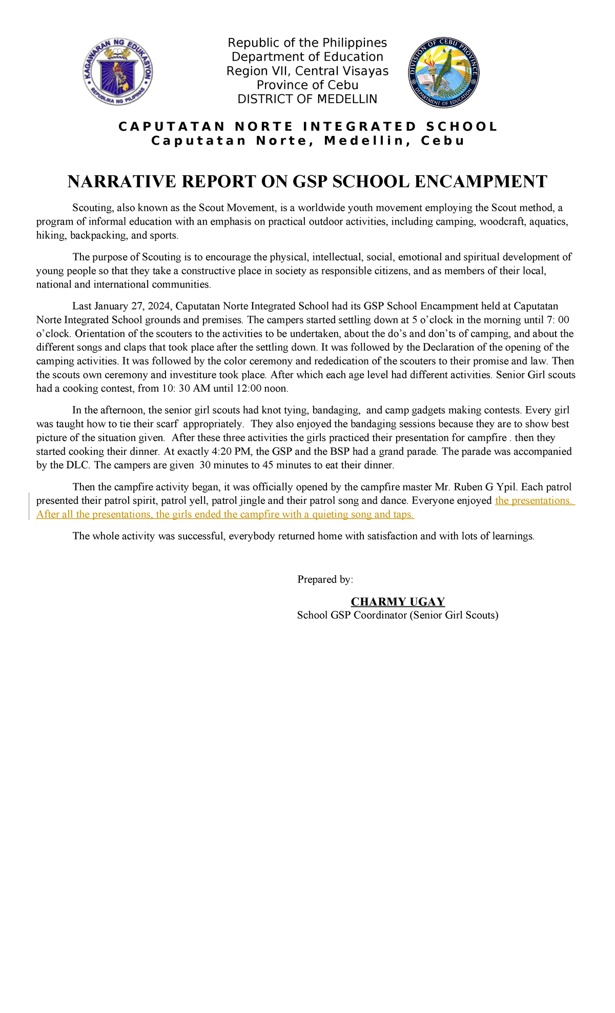 Narrative ON GSP Encampment - Republic of the Philippines Department of ...