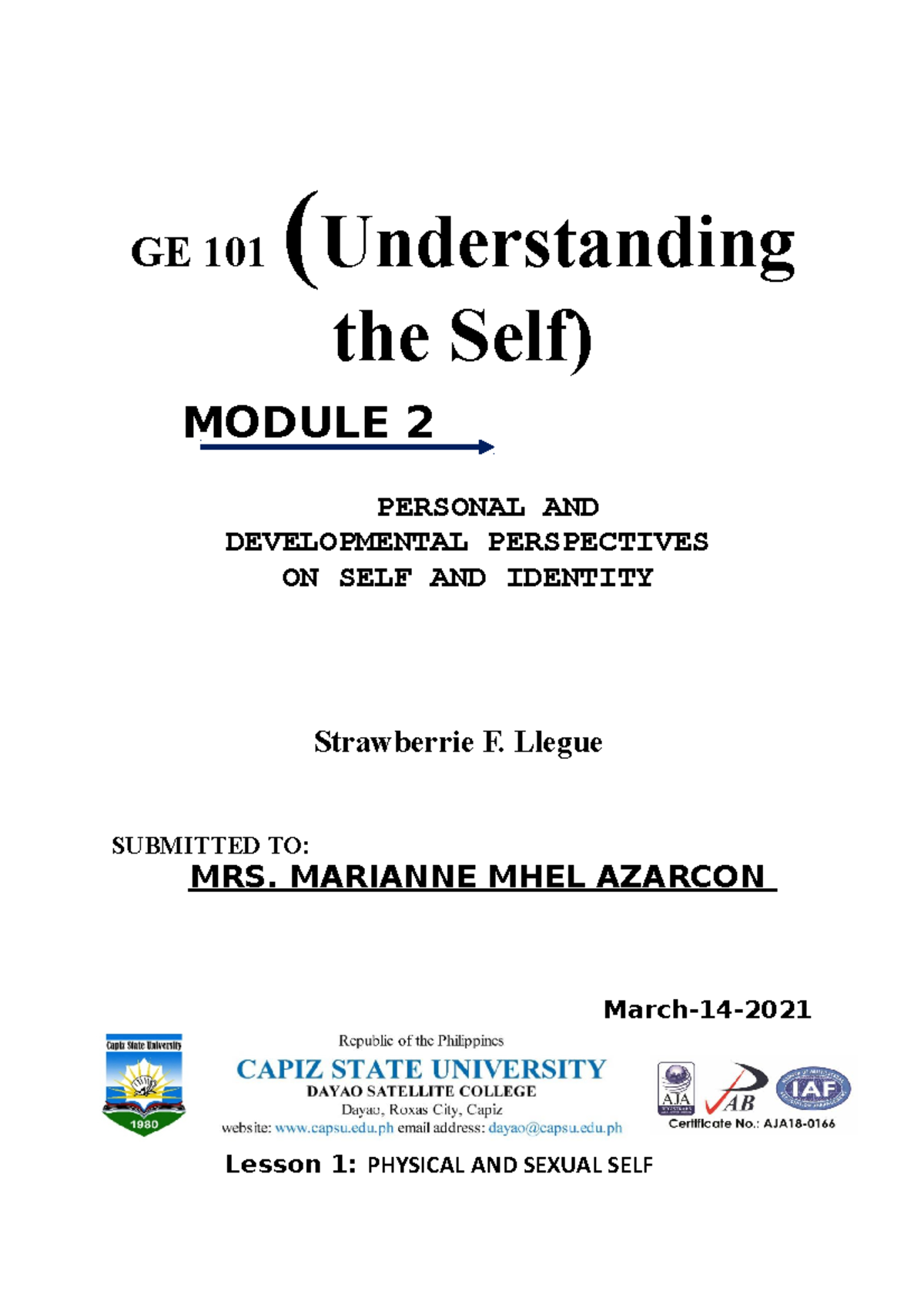 Strawberrie F. Llegue BEED 1B Understanding The Self GE 101 Lesson 2 ...
