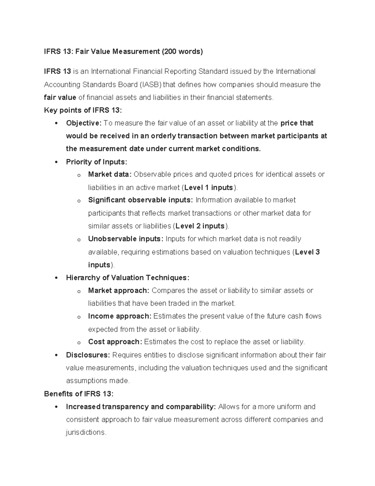 Notes on IFRS 13 - IFRS 13: Fair Value Measurement (200 words) IFRS 13 ...