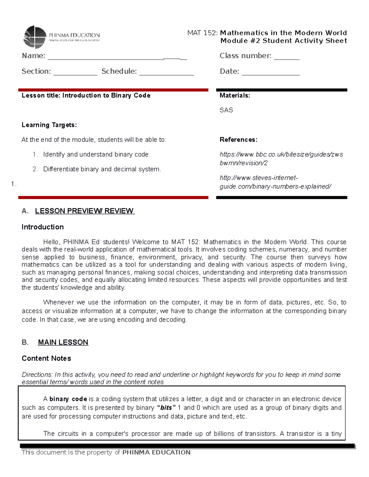 MAT-152-SAS2 - Mathematics in the Modern World - Module #2 Student ...